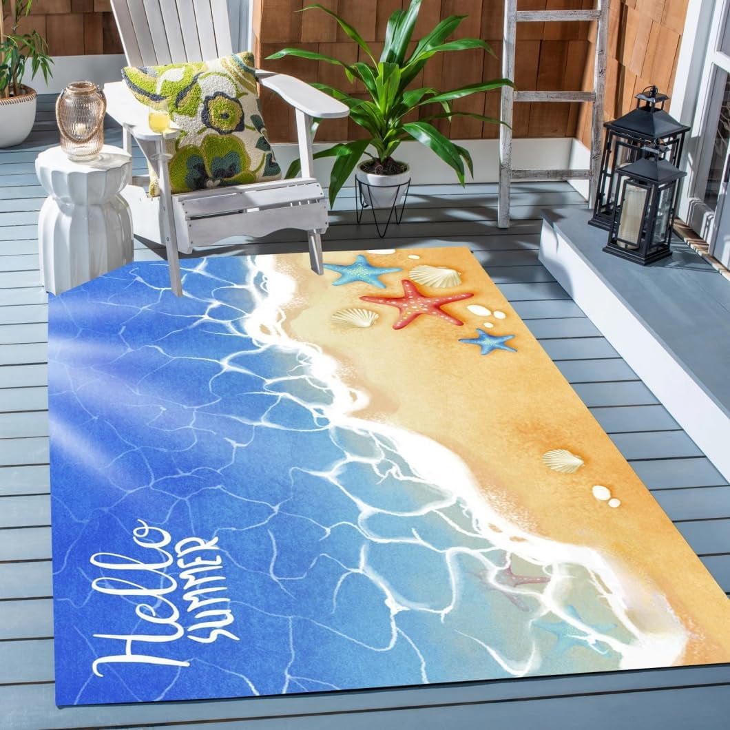 Modern Cute Ocean Beach Theme Area Rug 4' x 8' Blue Washable Camping No ...