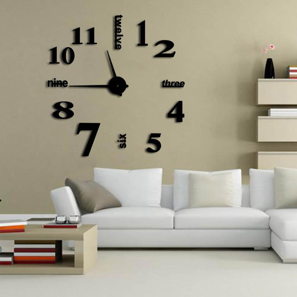 Modern DIY Mute Large Wall Clock Home Decor Office 3D Mirror Surface ...
