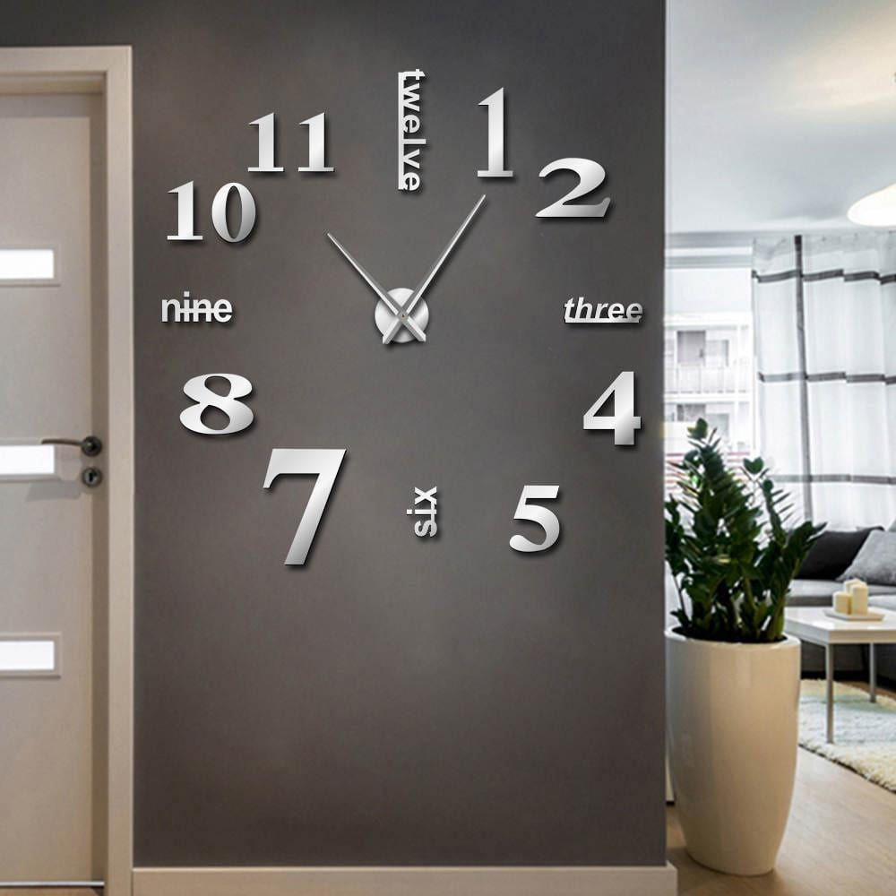 Modern DIY Mute Large Wall Clock Home Decor Office 3D Mirror Surface ...
