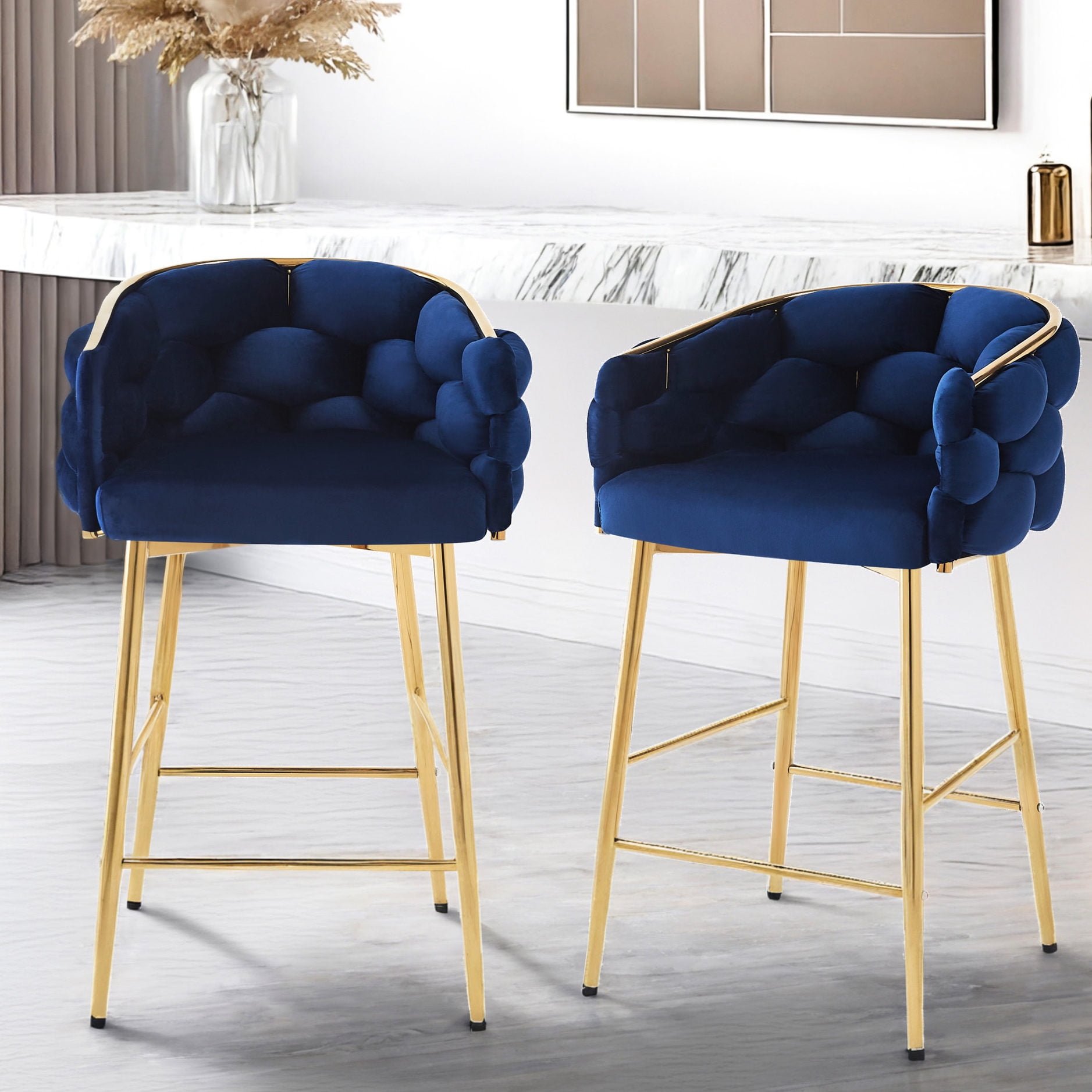 Modern Dark Blue Counter Stools with Velvet Upholstery for Living Room ...