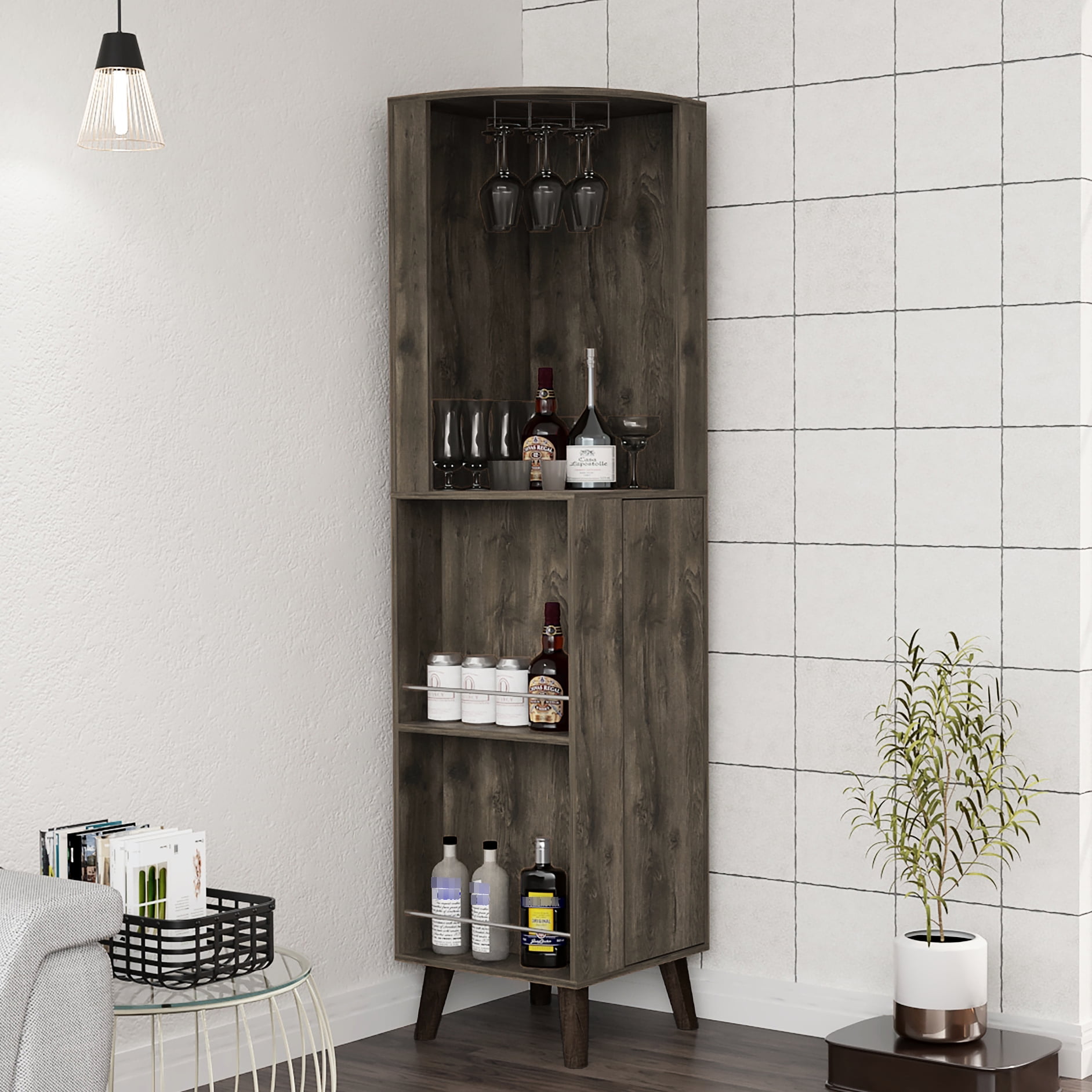 Modern Dark Brown Corner Bar Unit - Cup Rack And Shelf Flair Cabinet In ...