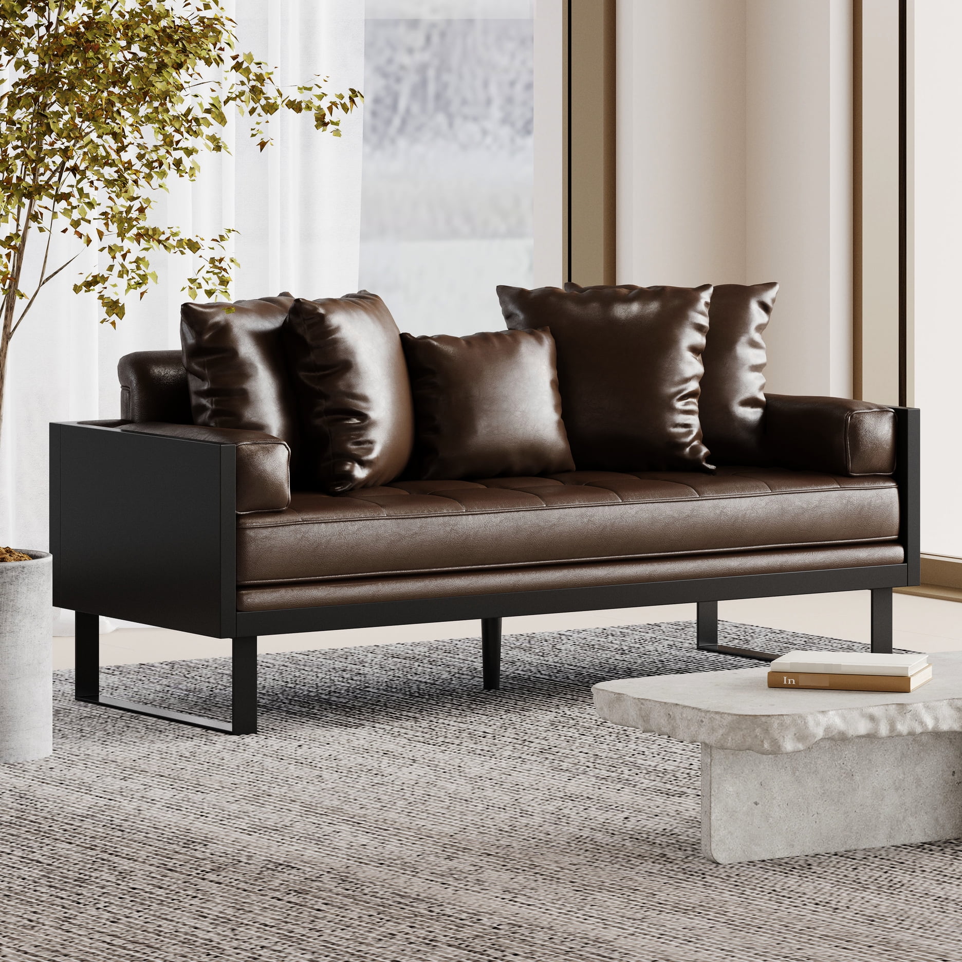 Modern Dark Brown Faux Leather With Hardwood Structure And Iron Sled ...