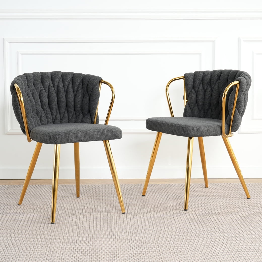 Modern Dark Grey Linen Dining & Stool Chair Set - Gold-Plated Metal ...