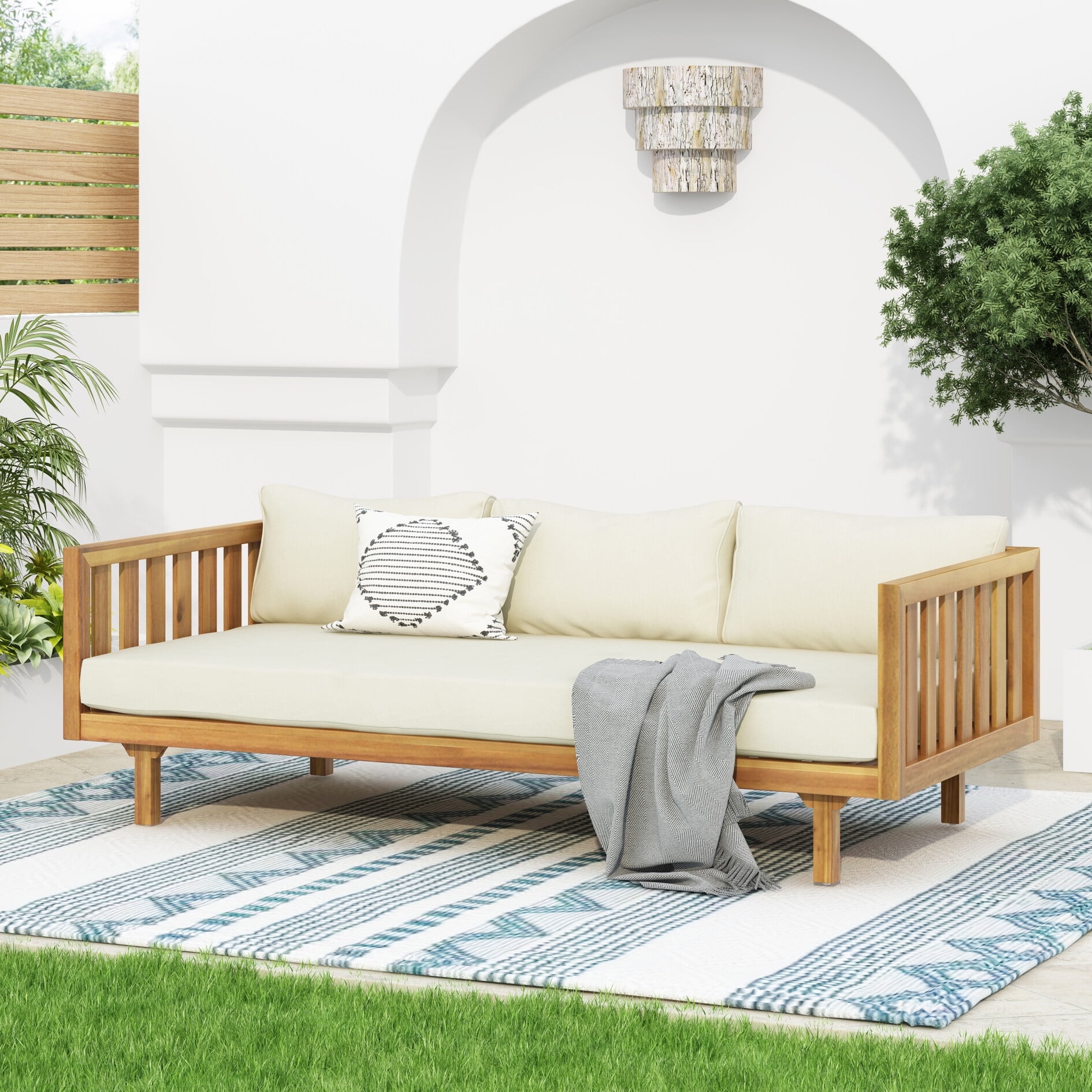 Modern Daybed, Wooden 3-Seater Couch Frame with Water-Resistant Cushion ...