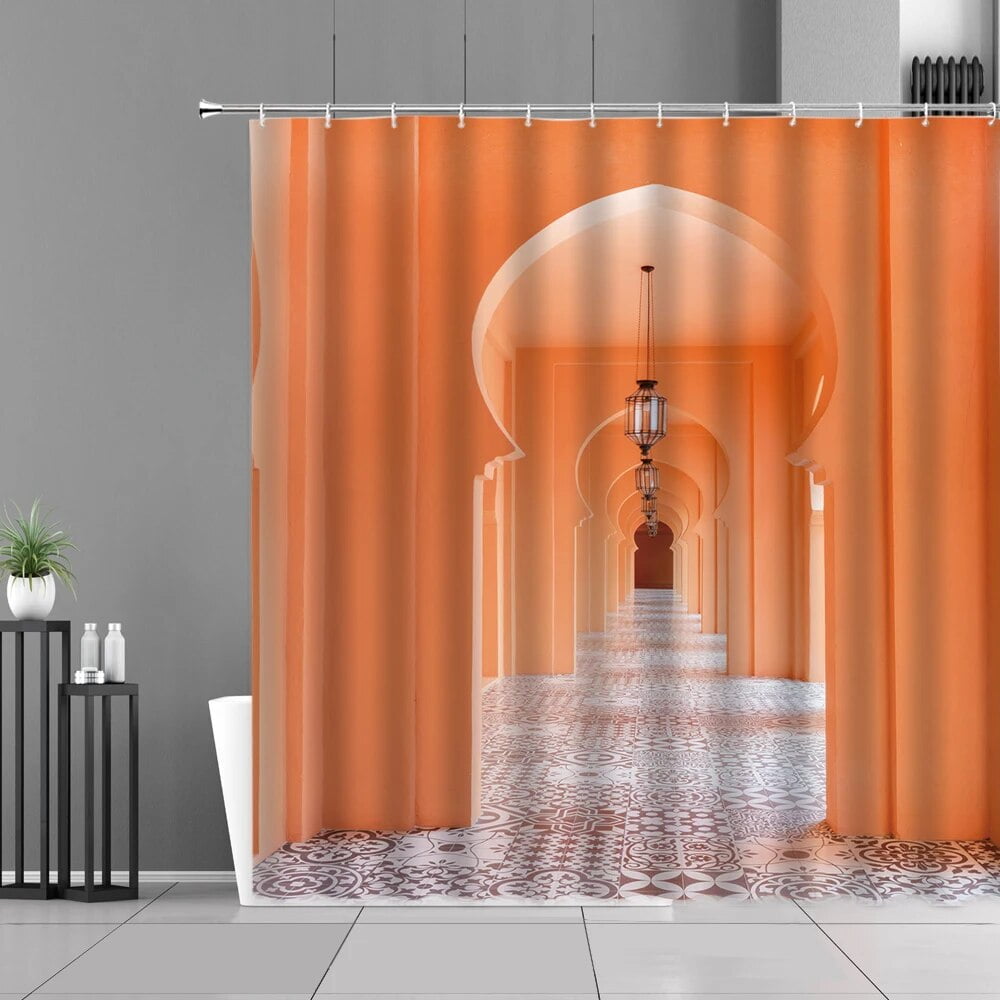 Modern Decor Shower Curtain 3D Print Orange Building Stairs Background ...