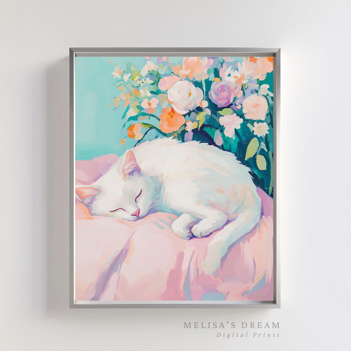 Modern Decorative Cute White Cat Painting, Pastel Flowers Aesthetics ...