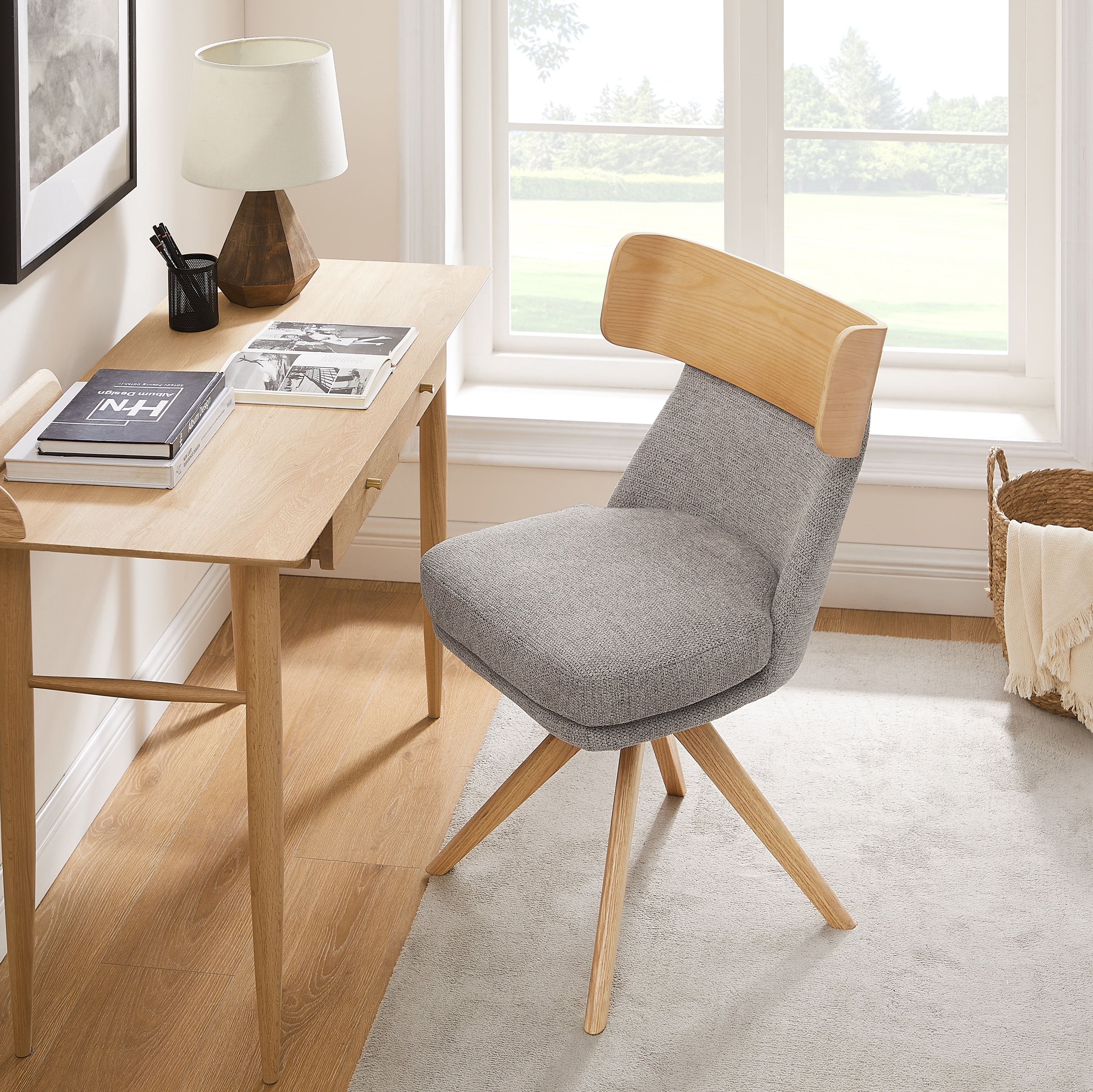 Modern Deep Gray Fabric Swivel Accent Side Chair with Wood Legs, Desk ...