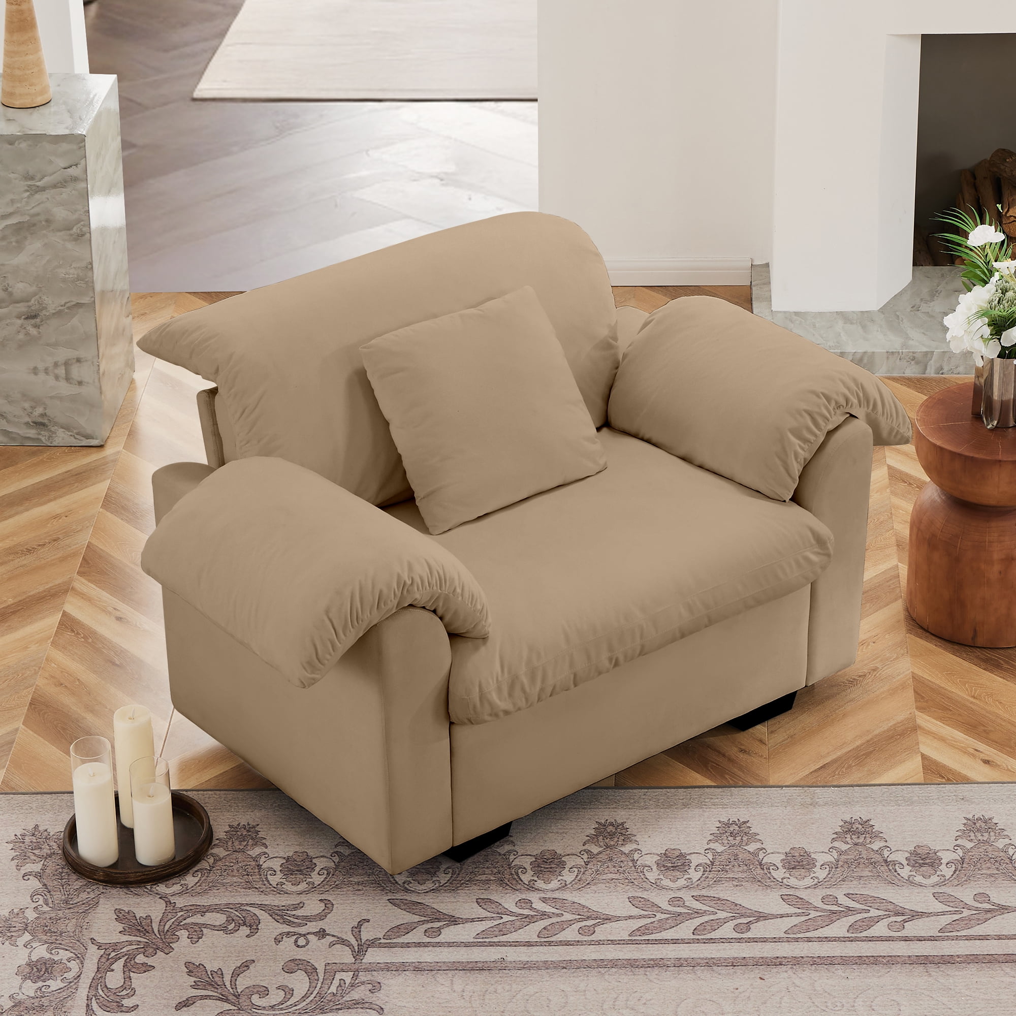 Modern Deep Seat Single Sofa, Upholstered Accent Chair With Fluffy Armrest Pillows and Backrest ...