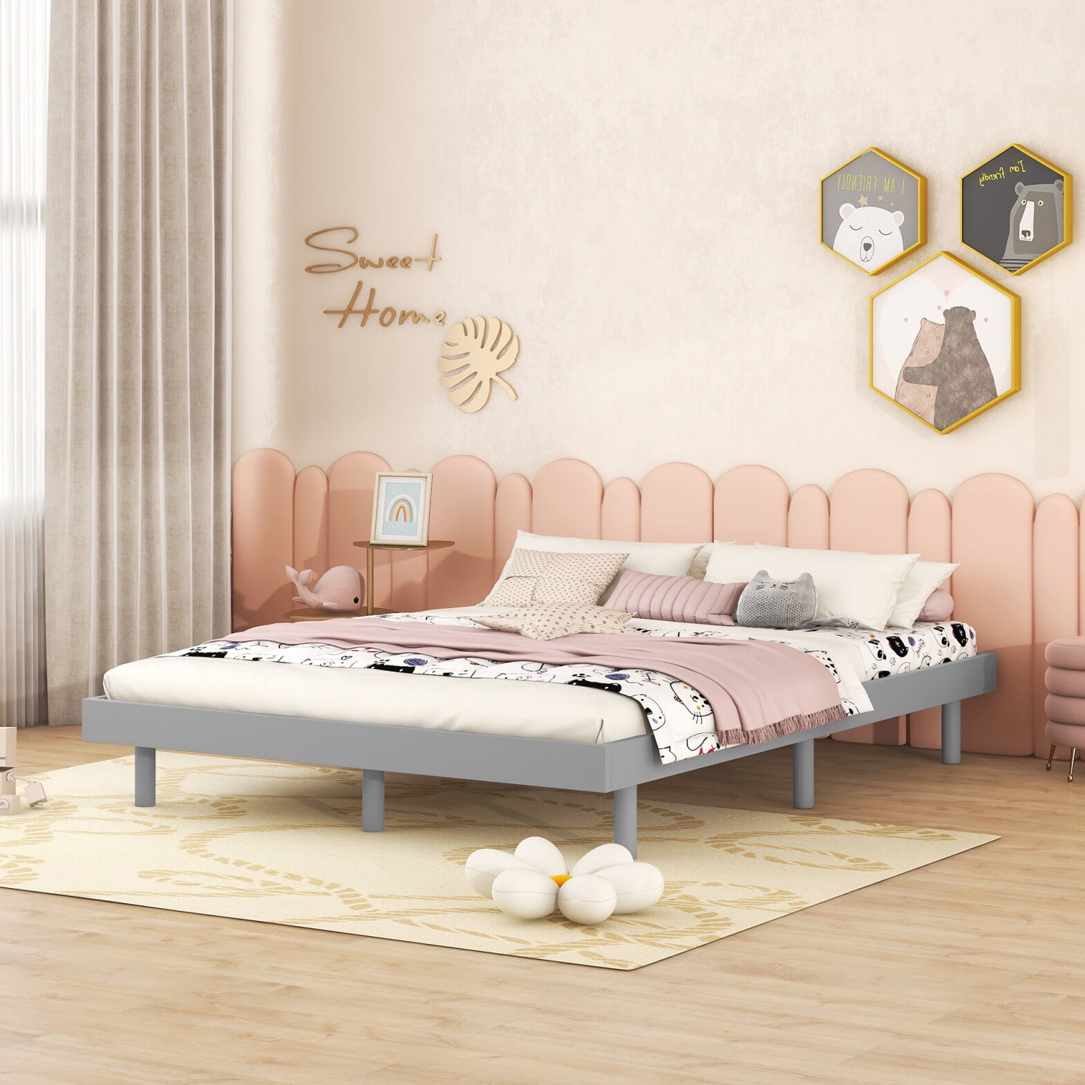 Modern Design Full Size Floating Platform Bed Frame With Wooden Slats ...