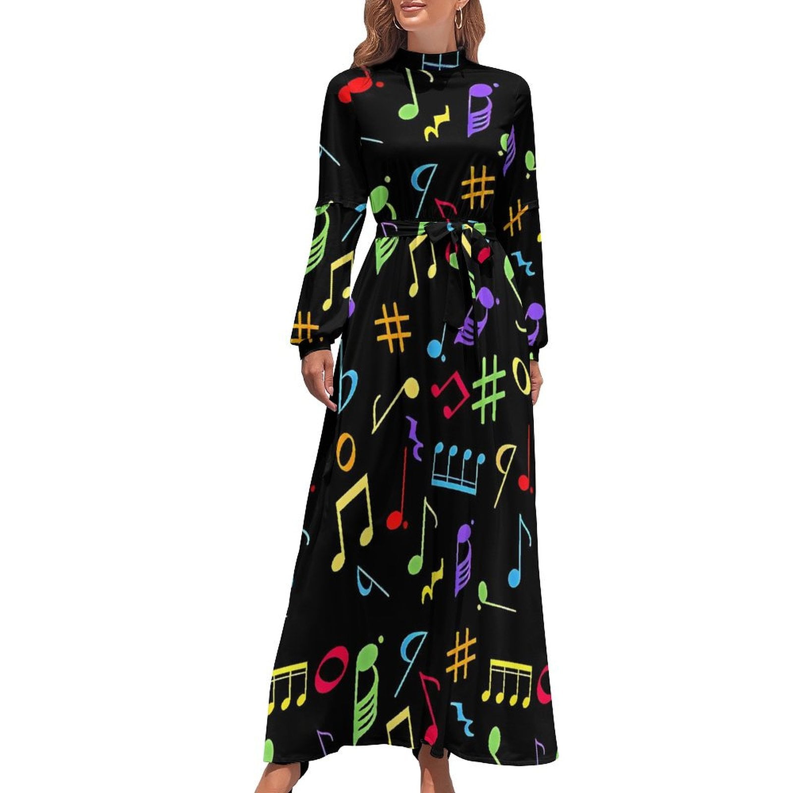 Modern Design Music Note Dress Custom Maxi Dress High Waist Long-Sleeve ...