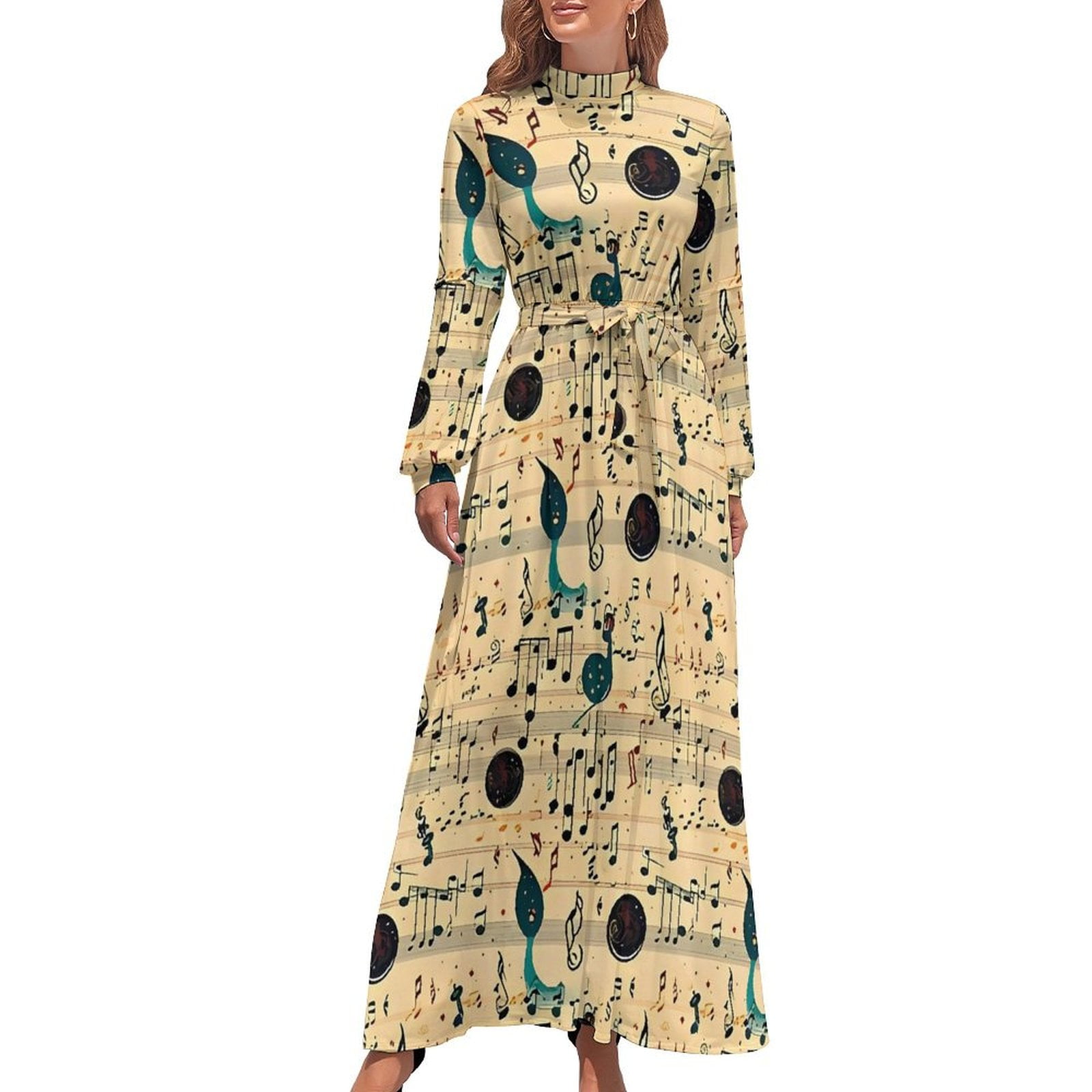 Modern Design Music Note Dress Custom Maxi Dress High Waist Long-Sleeve ...