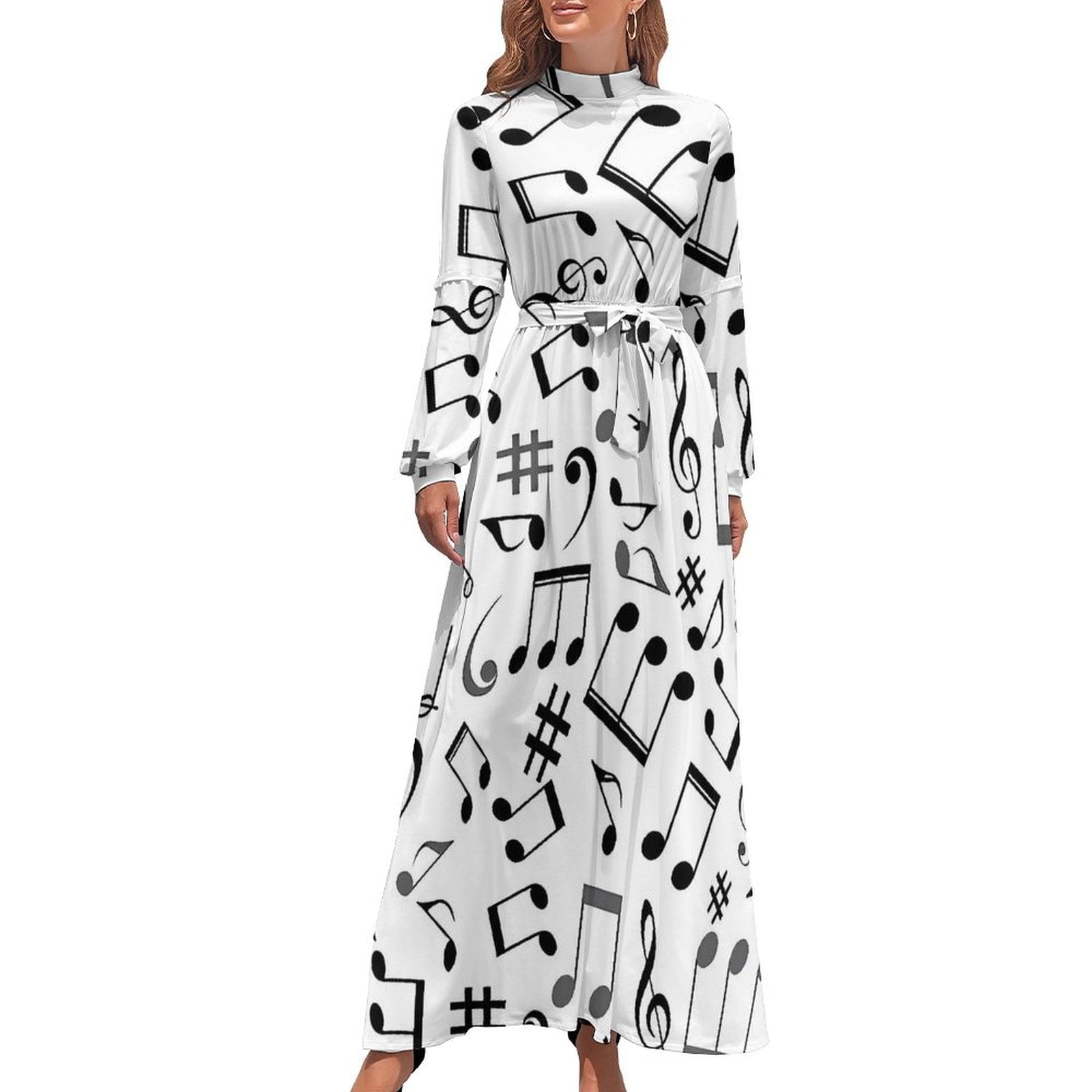 Modern Design Music Note Dress Custom Maxi Dress High Waist Long-Sleeve ...