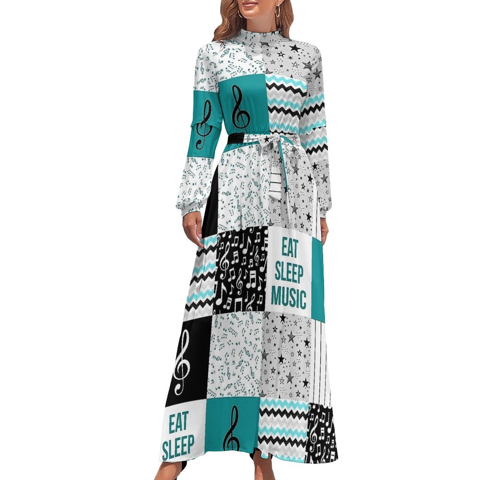 Modern Design Music Note Dress Custom Maxi Dress High Waist Long-Sleeve ...