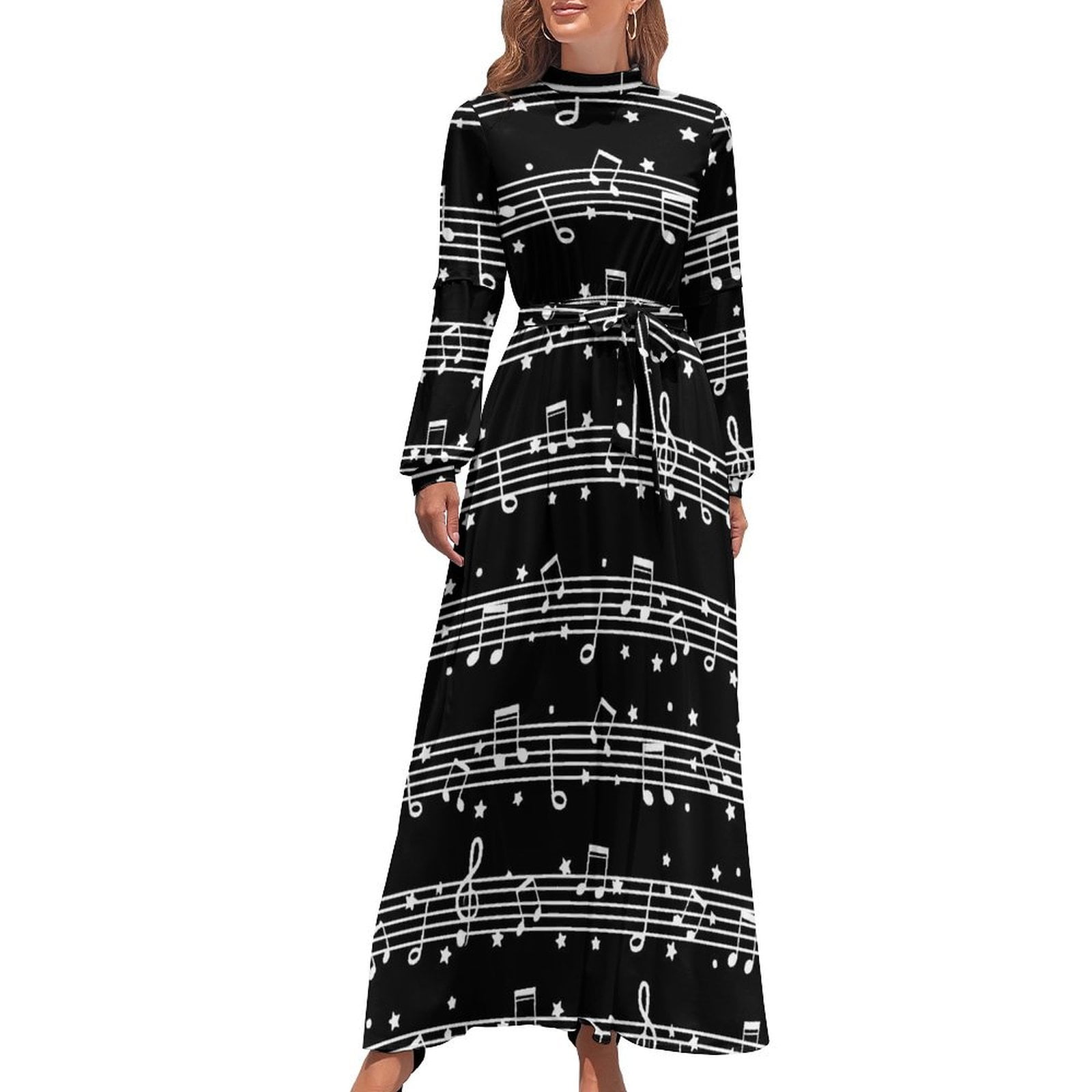 Modern Design Music Note Dress Custom Maxi Dress High Waist Long-Sleeve ...