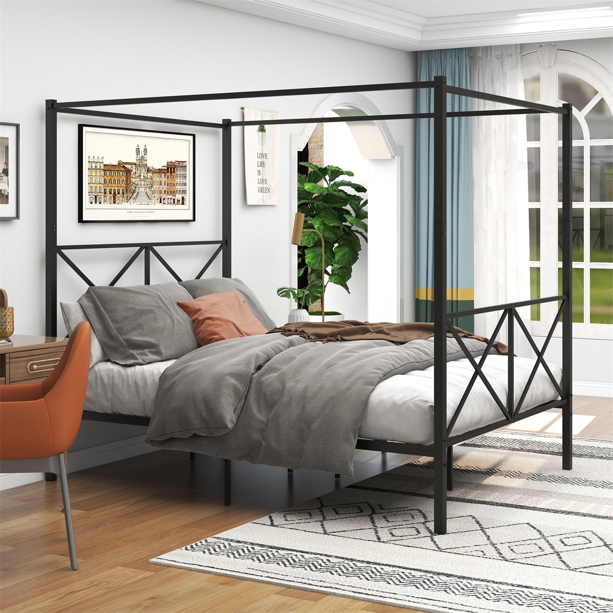 Modern Design Queen Size Sturdy Metal Canopy Bed Frame with Headboard ...