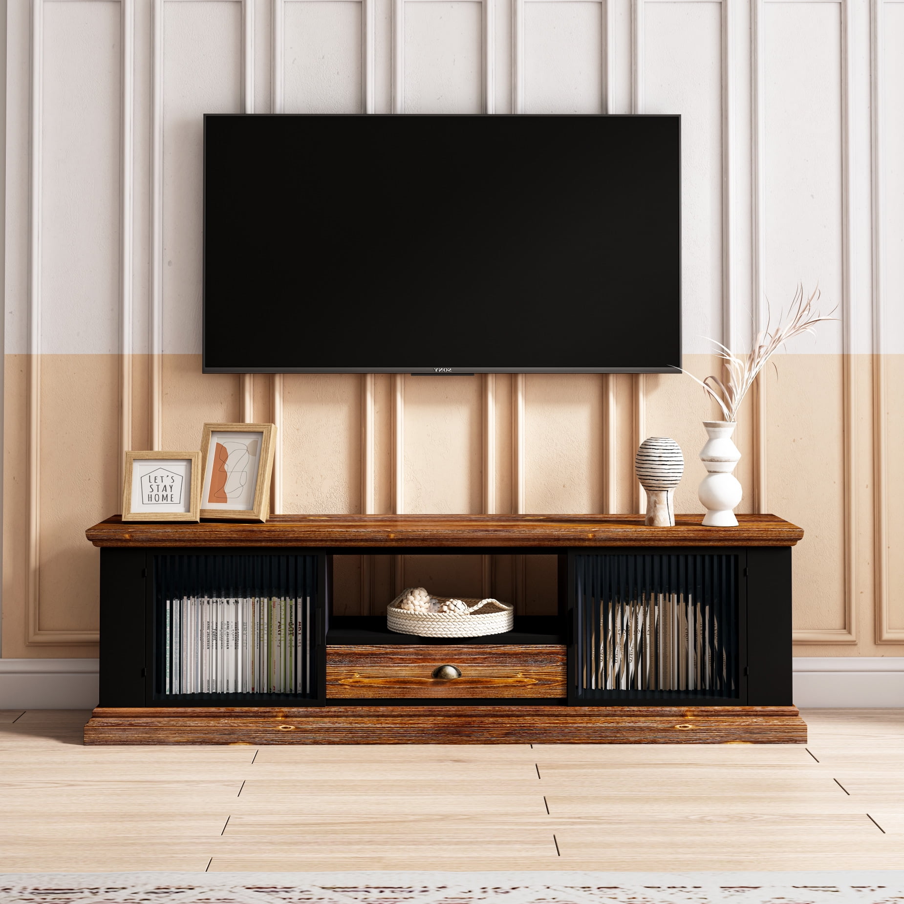 Modern Design TV Stand,Entertainment Center with 2 Storage Cabinets and ...