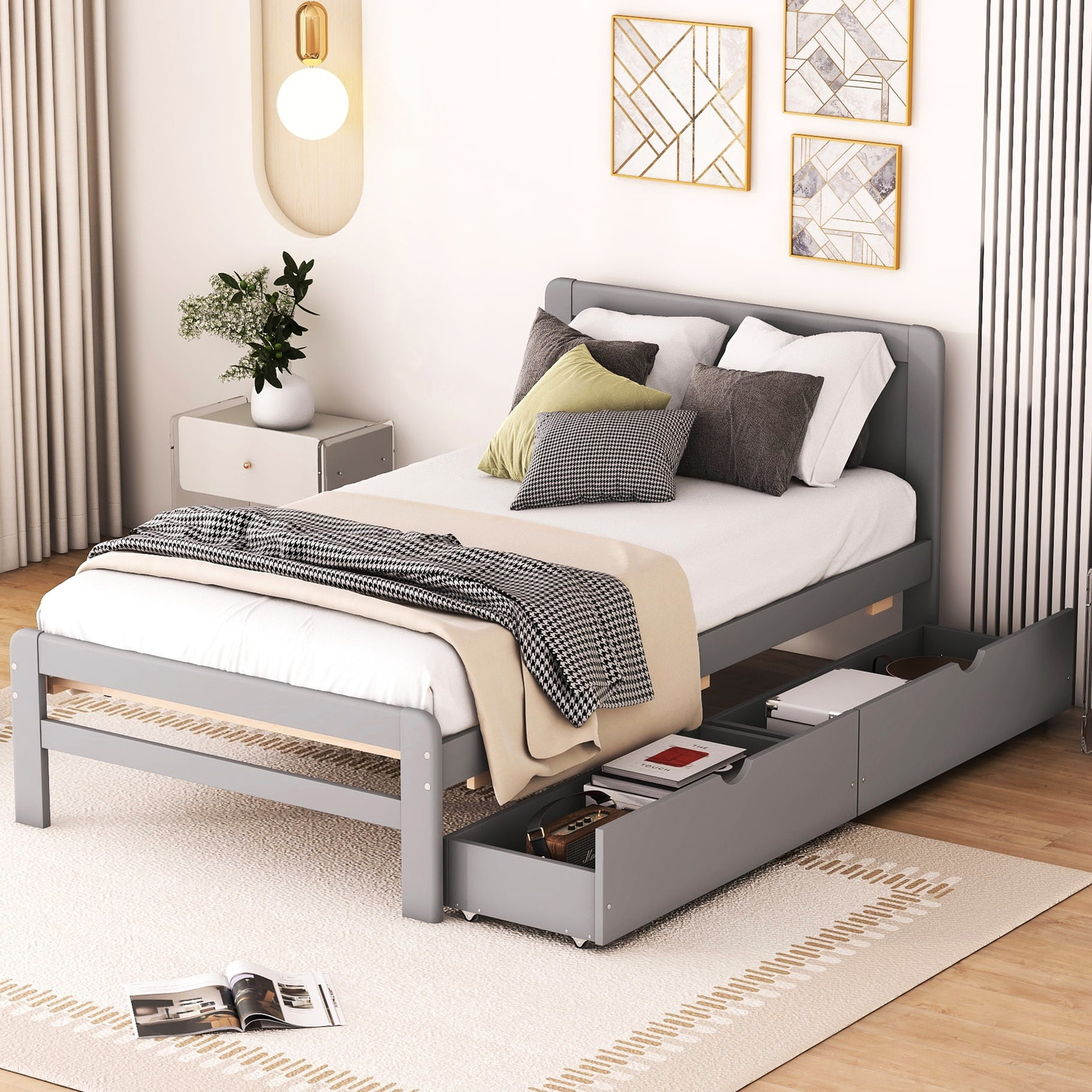 Modern Design Twin Bed Frame in Grey | Sturdy Rubberwood Construction ...