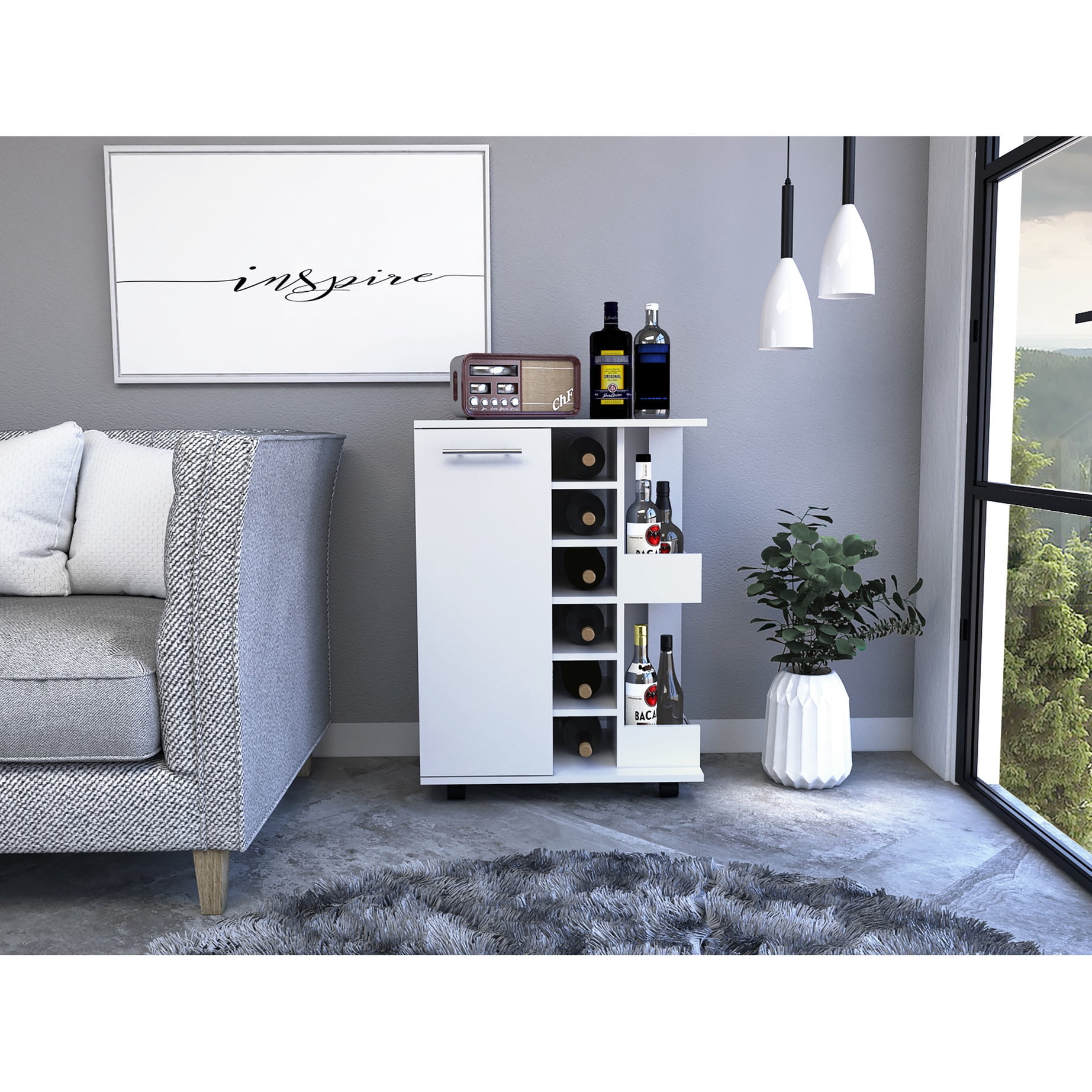 Modern Design White Bar Cart - Open and Cubby Shelves for Bottles ...