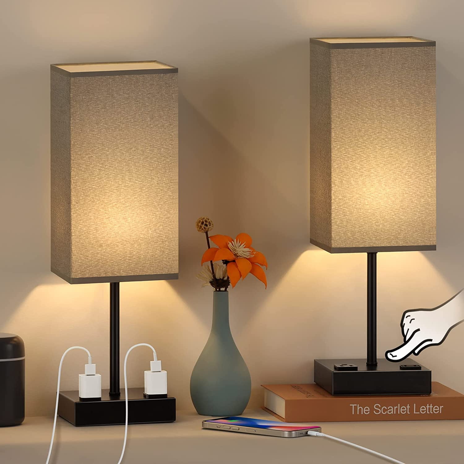 Modern Desk Lamp with 2 AC Outlets Set of 2 Bedside Nightstand Lamp ...