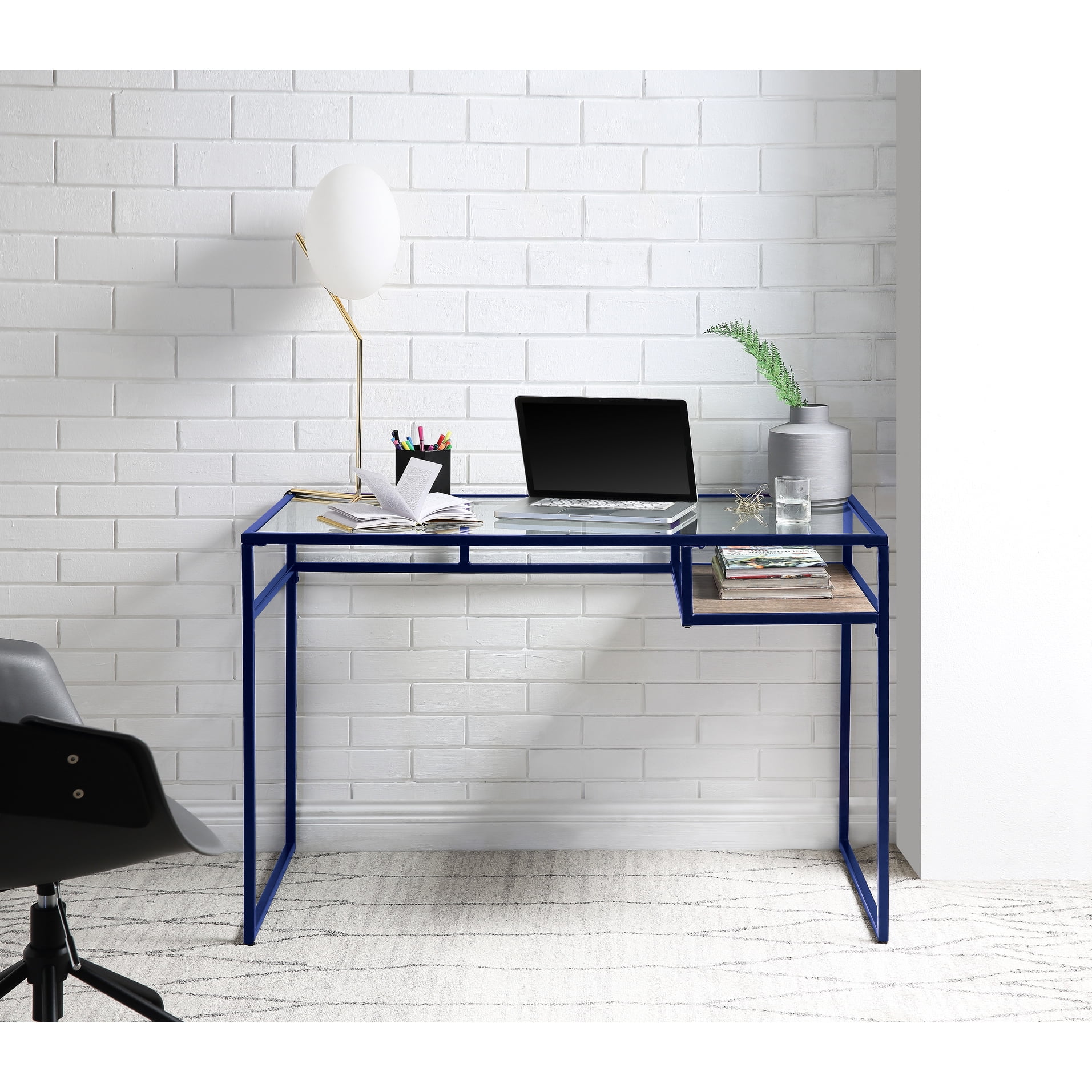Modern Desk With Blue Finish And Stable Shelf Functional Glass Writing ...