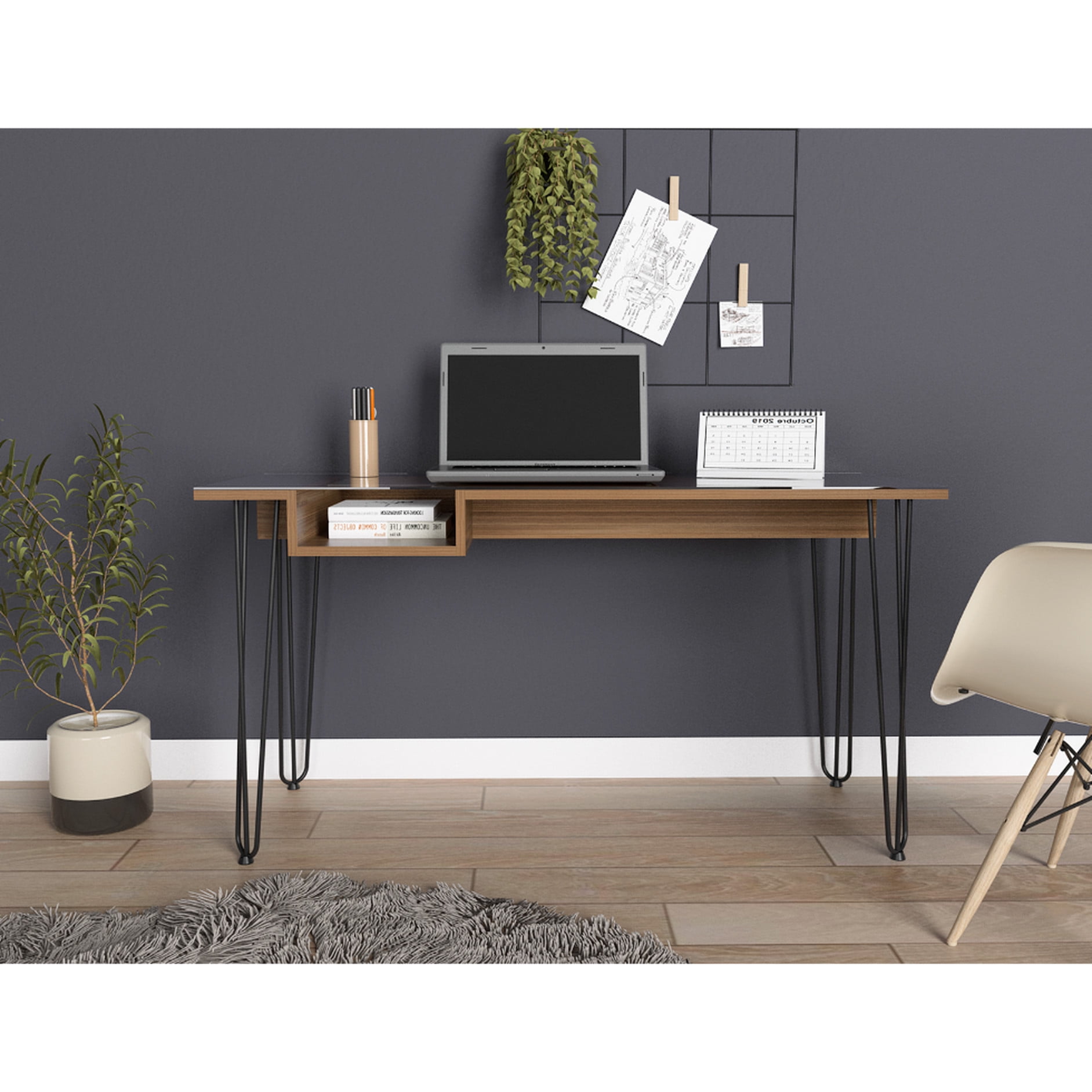 Modern Desk With One Shelf And Brown Particle Board - Rectangular ...