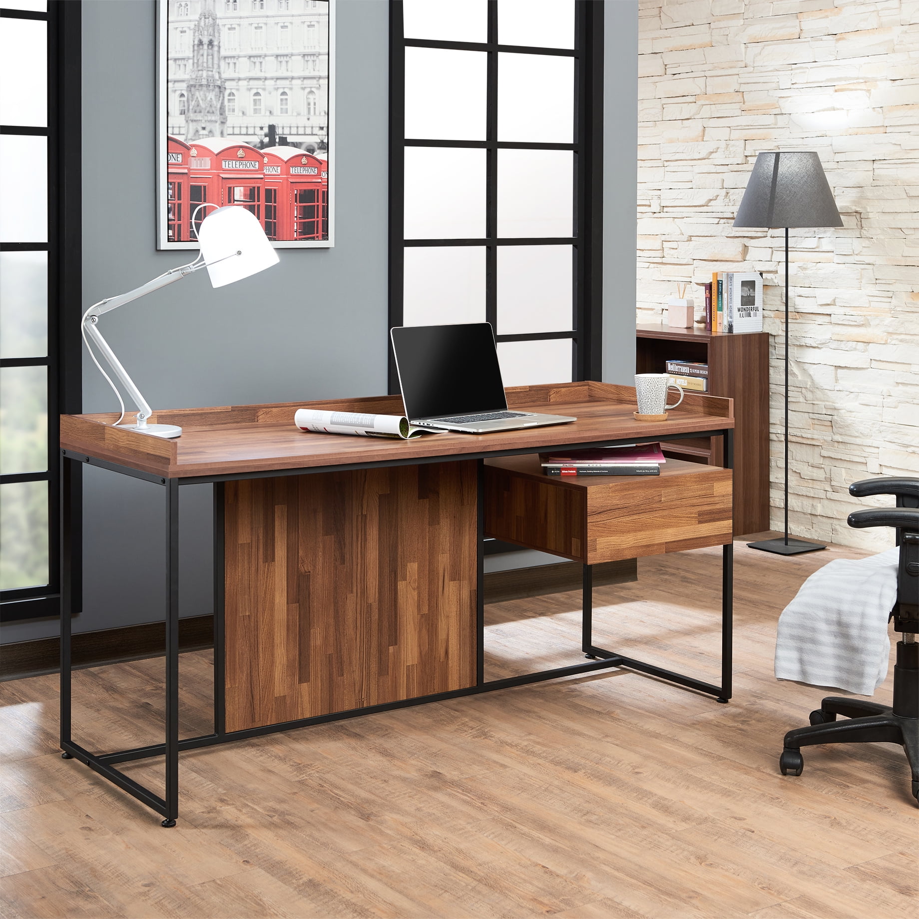 Modern Desk With Walnut Finish And Sandy Black Sled Base For Office ...