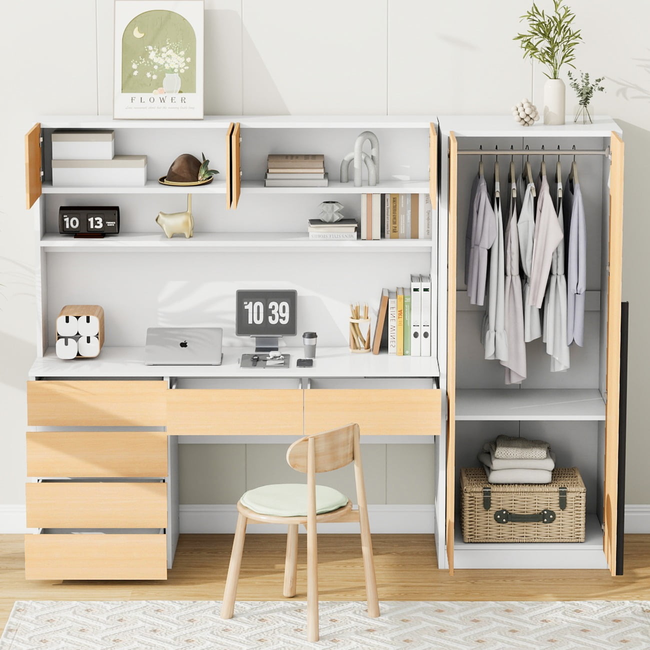 Modern Desk with Shelves and 8 Drawers, 2 Door Wooden Storage Desk ...