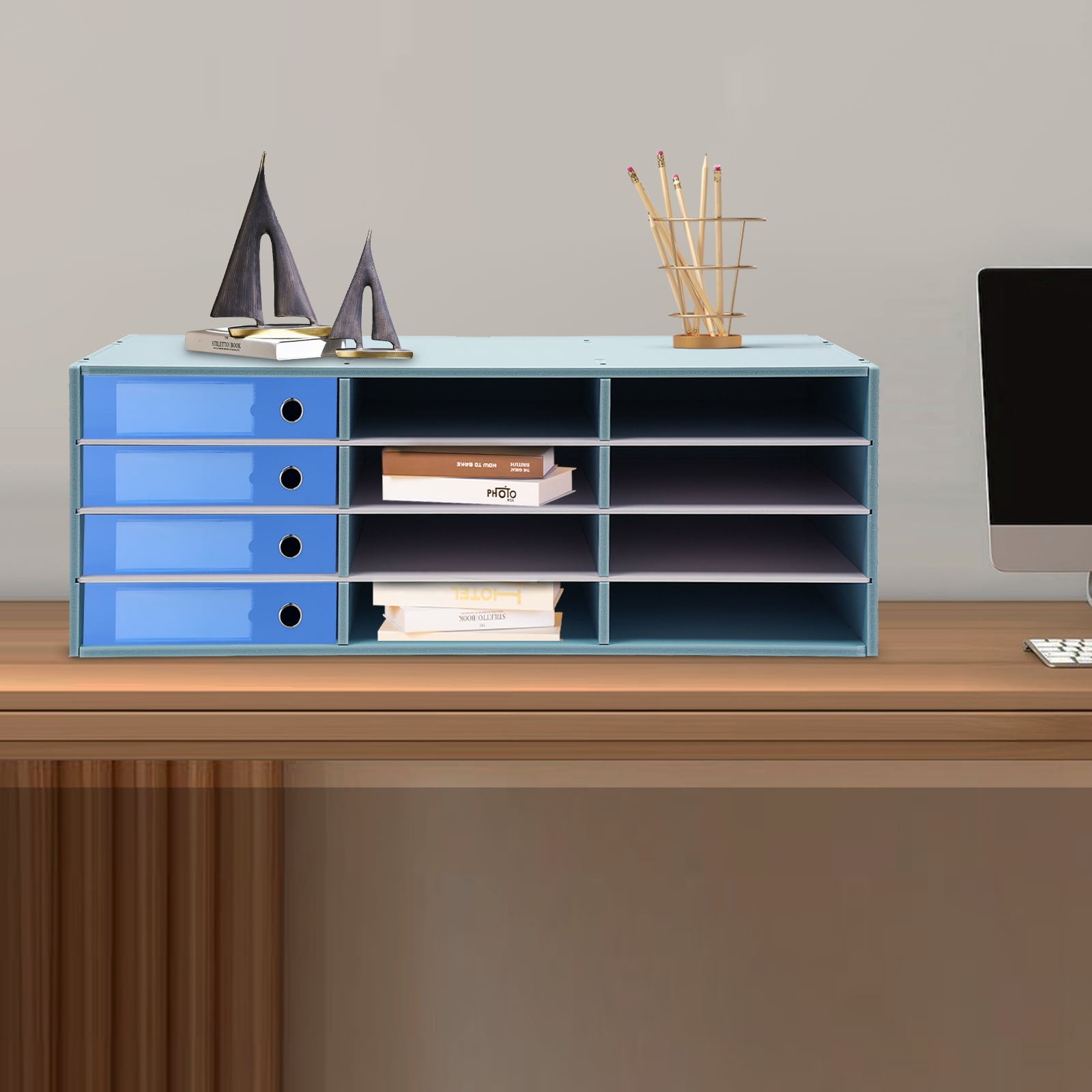 Modern Desktop File Organizer with 12 Slots and 4 Tiers, Blue PVC ...