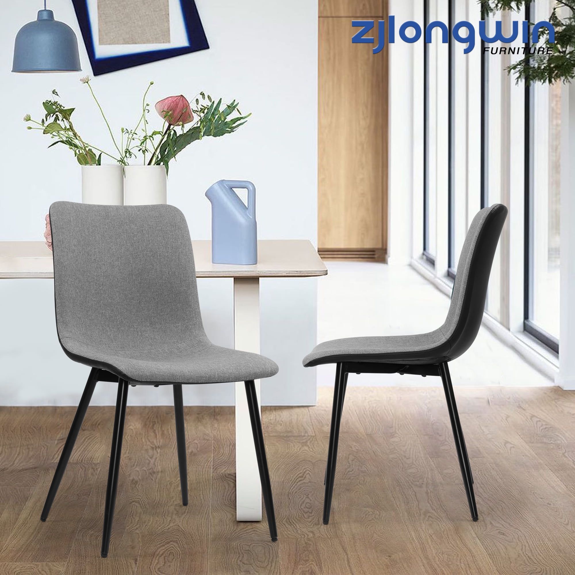 Modern Dining Chair Fabric Upholstered Side Chair with Metal Legs, Grey ...