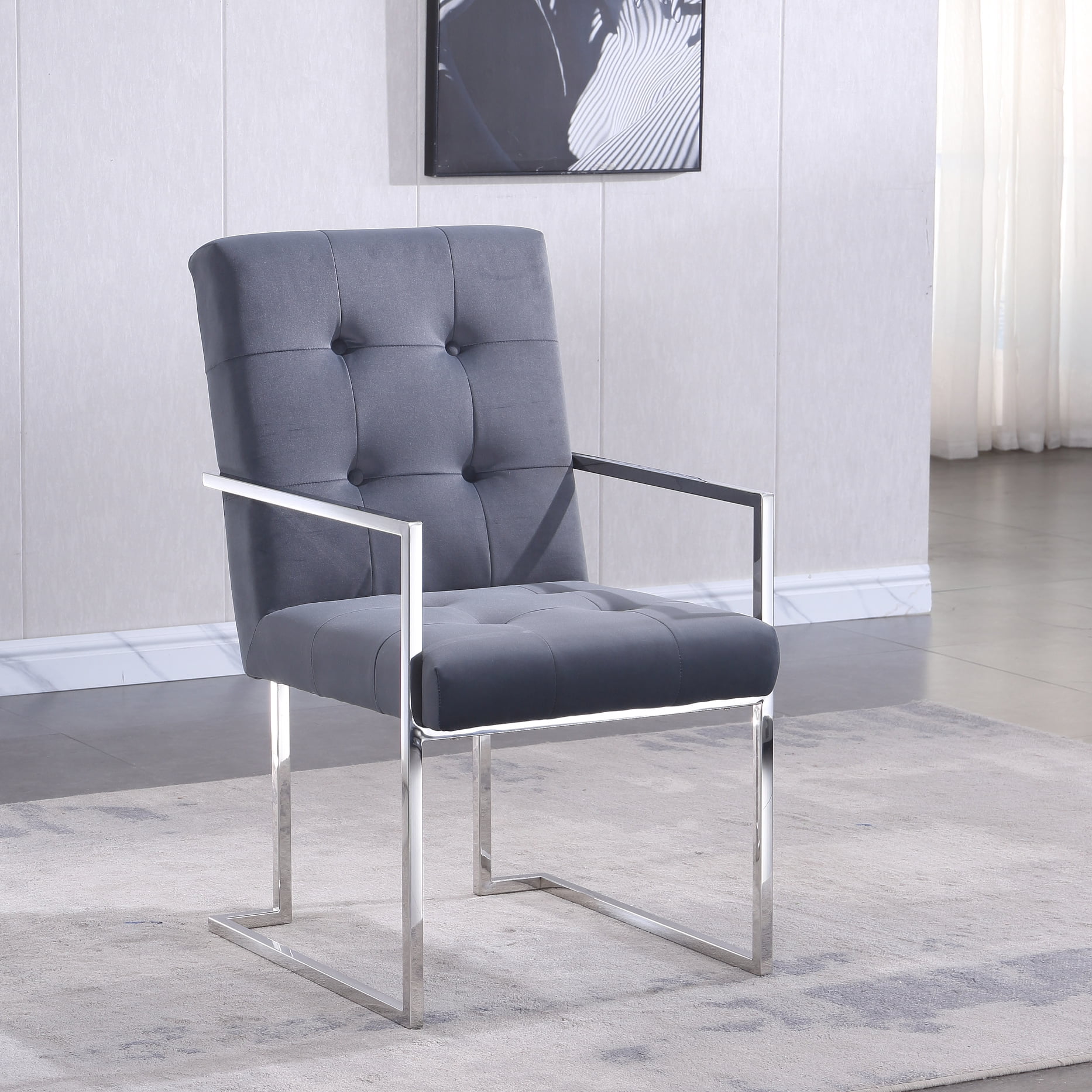 Modern Dining Chair With Grey Velvet, Accents, Dependable Silver ...