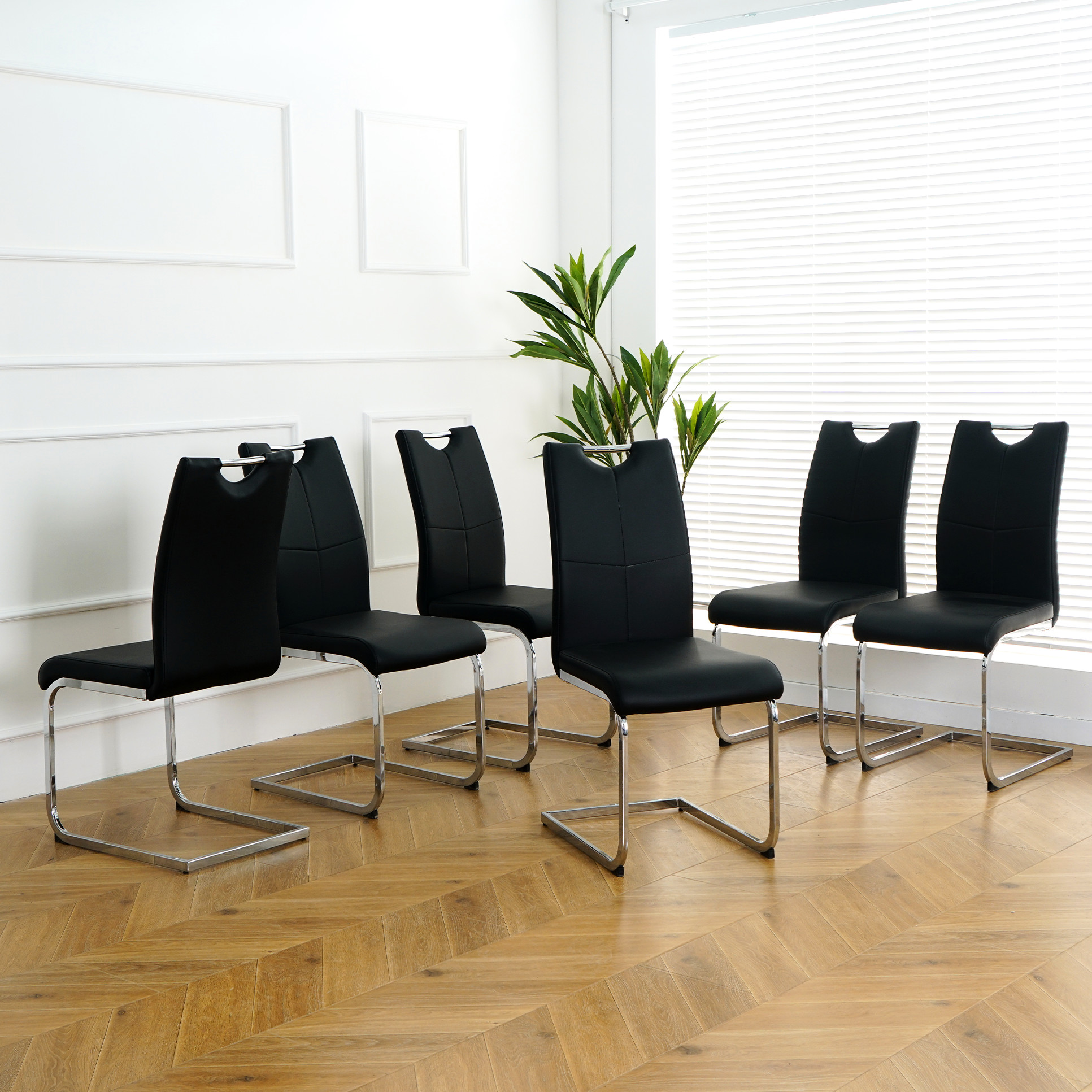 Modern Dining Chairs Of 6, Pu Seat, Metal Legs, Smooth Lines For ...