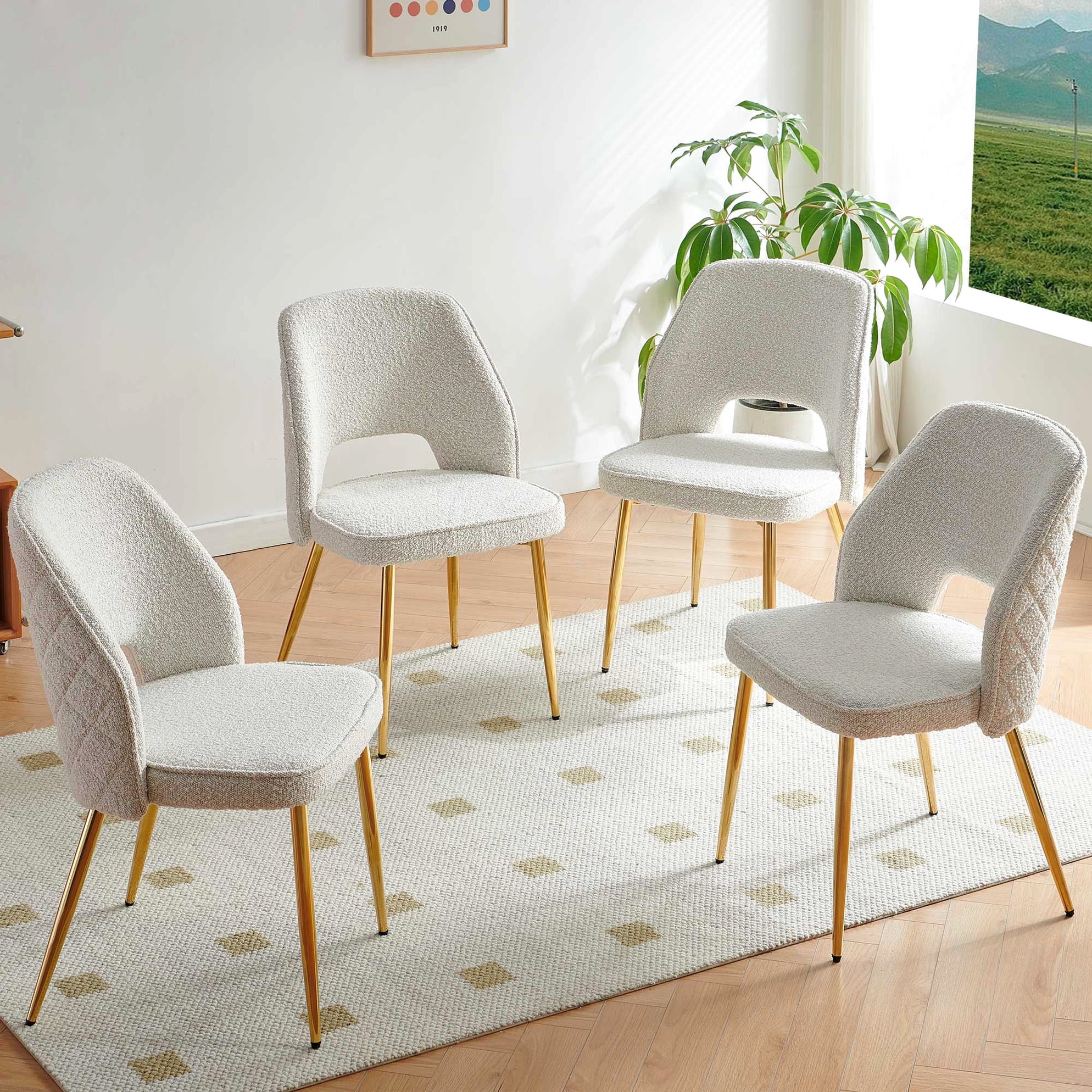 Modern Dining Chairs Of 4, Boucle Upholstery, Hollow Back With Metal ...
