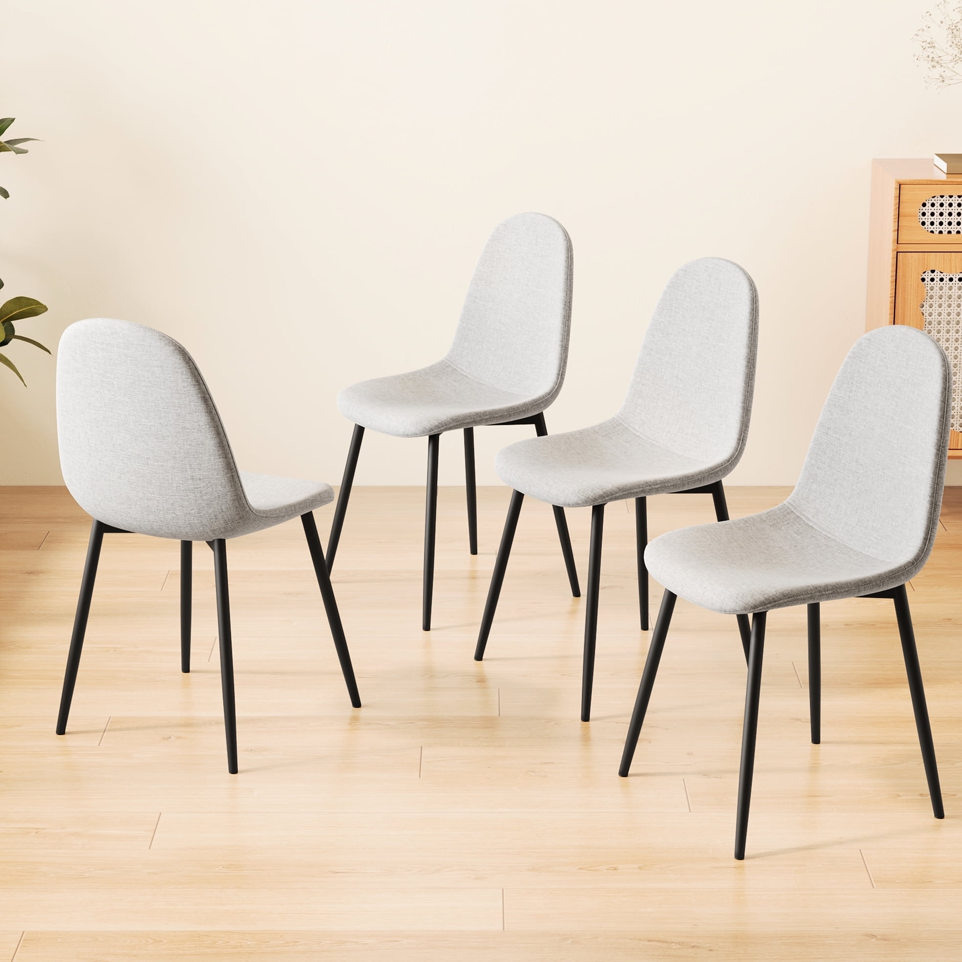 Modern Dining Chairs Of 4 - Linen Covered, Black Metal Legs, Ergonomic ...