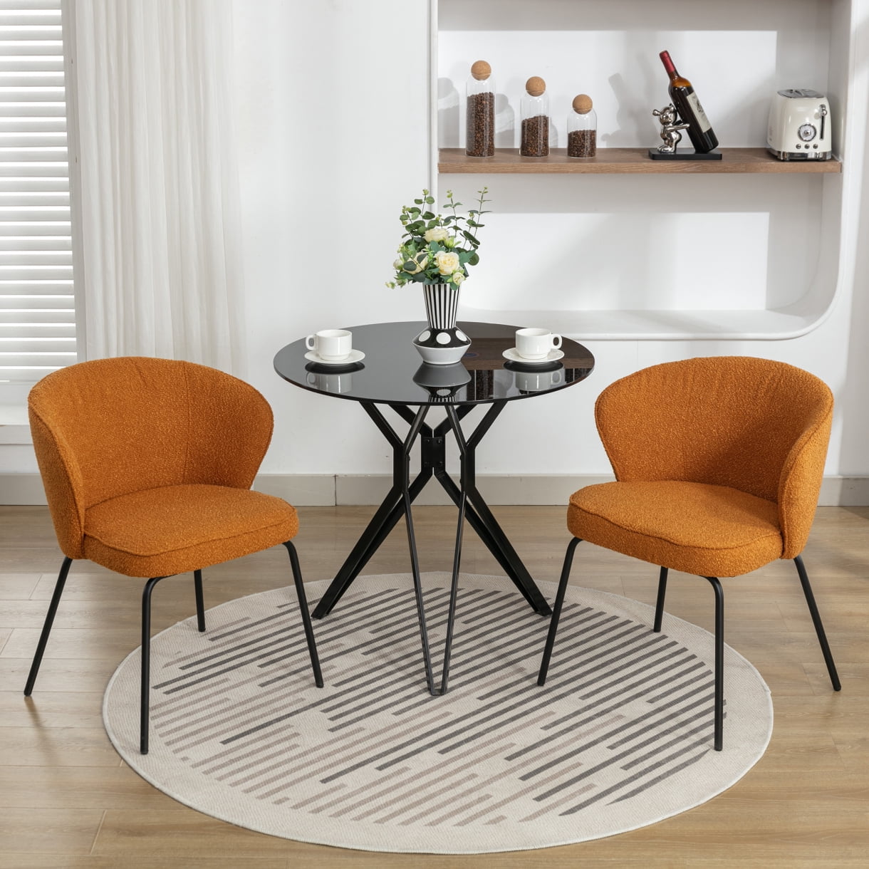 Modern Dining Chairs Set of 2, Boucle Fabric Kitchen Chairs with Black ...