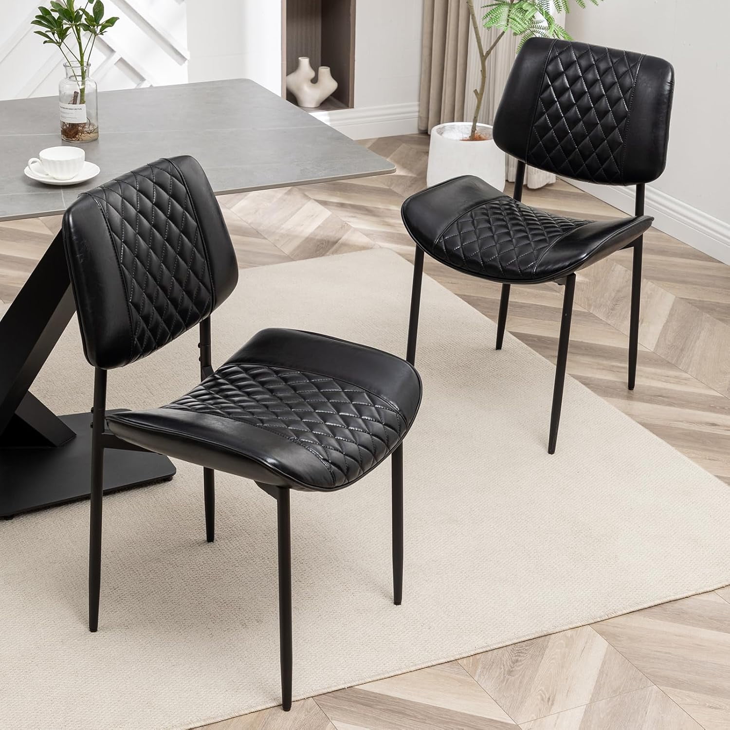 Modern Dining Chairs Set of 2, Leather Dining Chair with Metal Legs ...