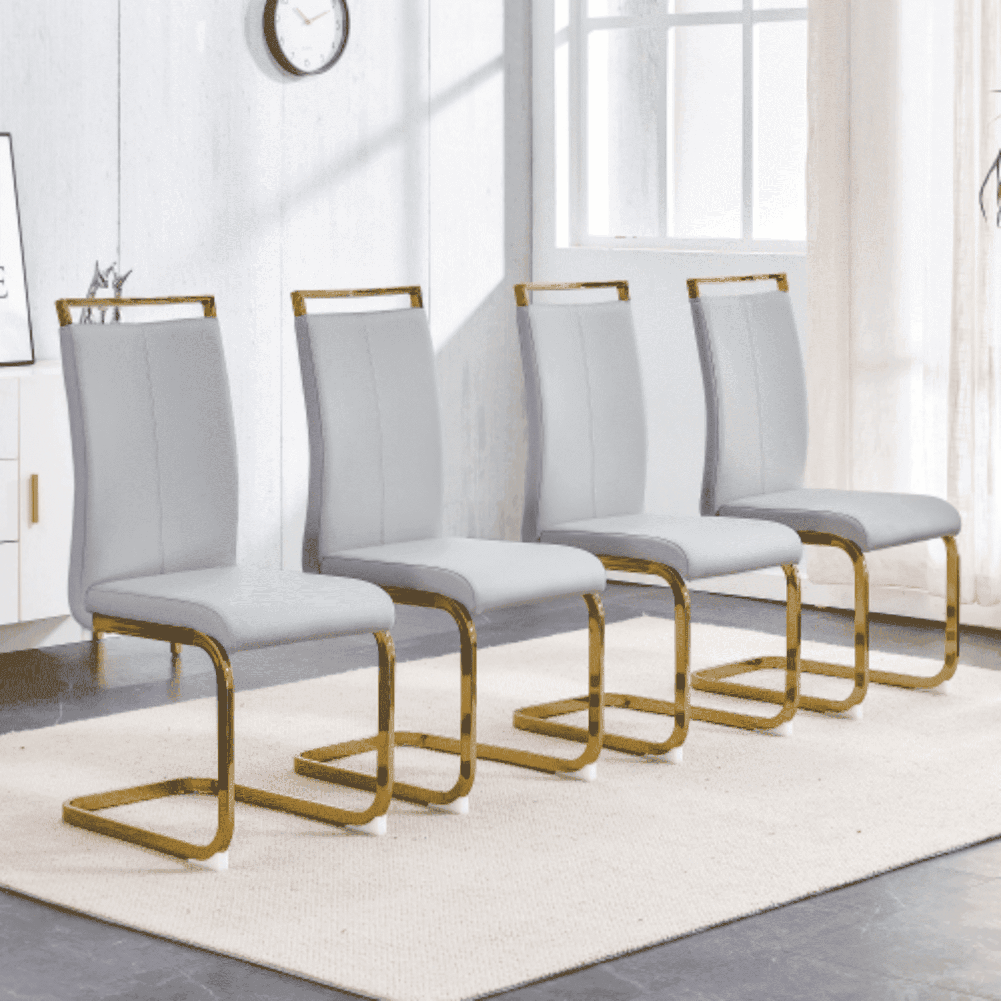 SUDICA Light Grey Faux Leather Dining Chairs Set of 4 with Gold Metal ...