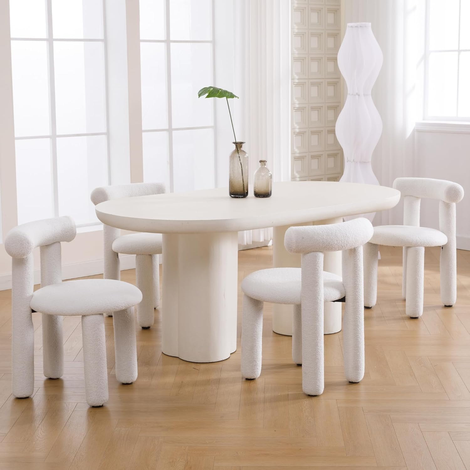 Modern Dining Chairs Set of 6, White Boucle Upholstered Dining Chairs ...
