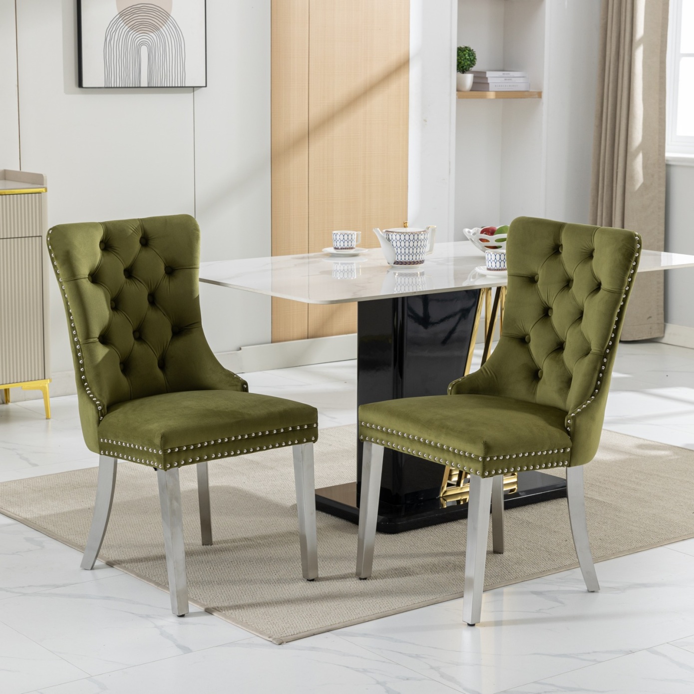 Modern Dining Chairs,Upholstered Side Chair with with Wood Legs Nailhead Trim 2-Pcs Set, Dining ...