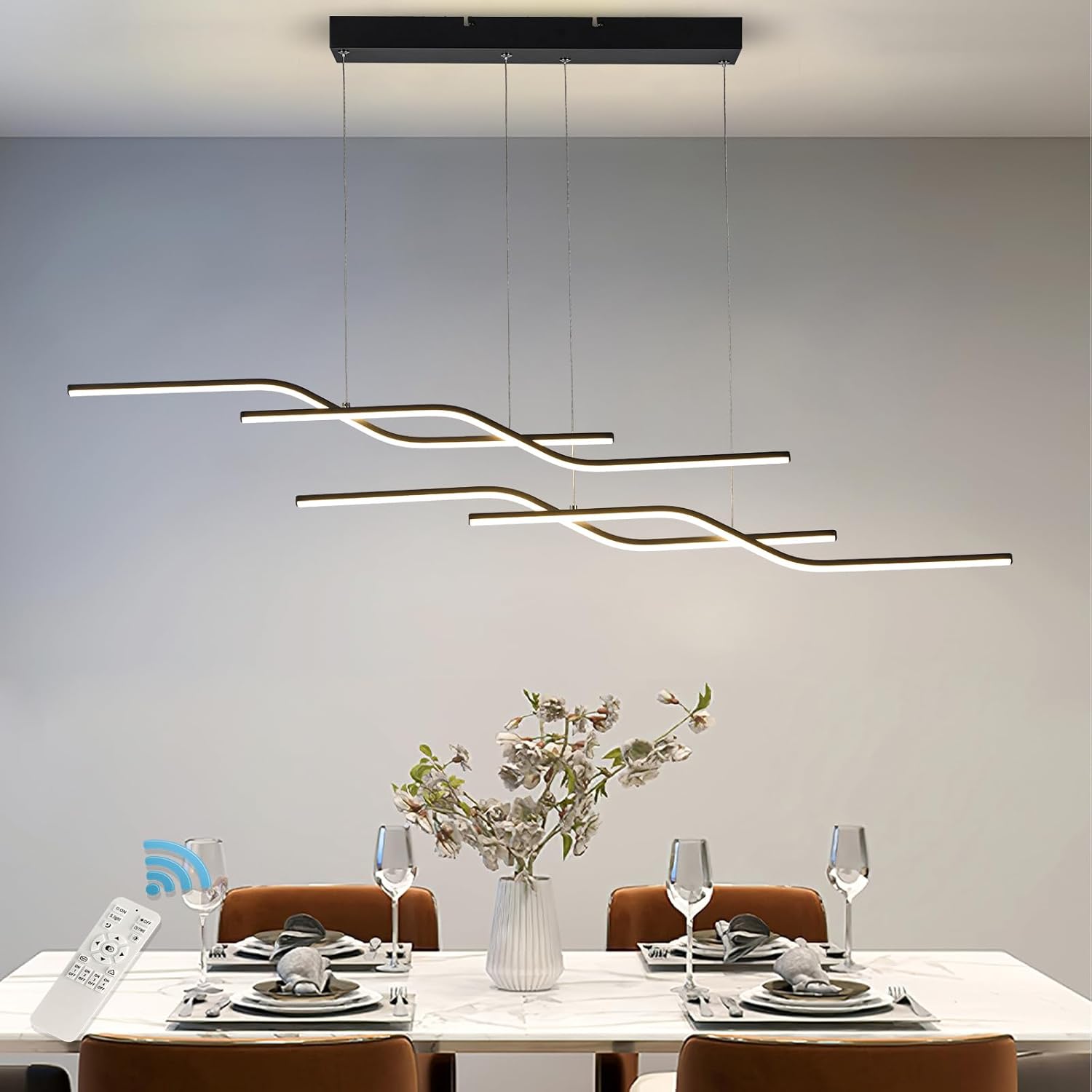 Modern Dining Room Light Fixture, Dimmable LED Linear Wave Chandelier ...