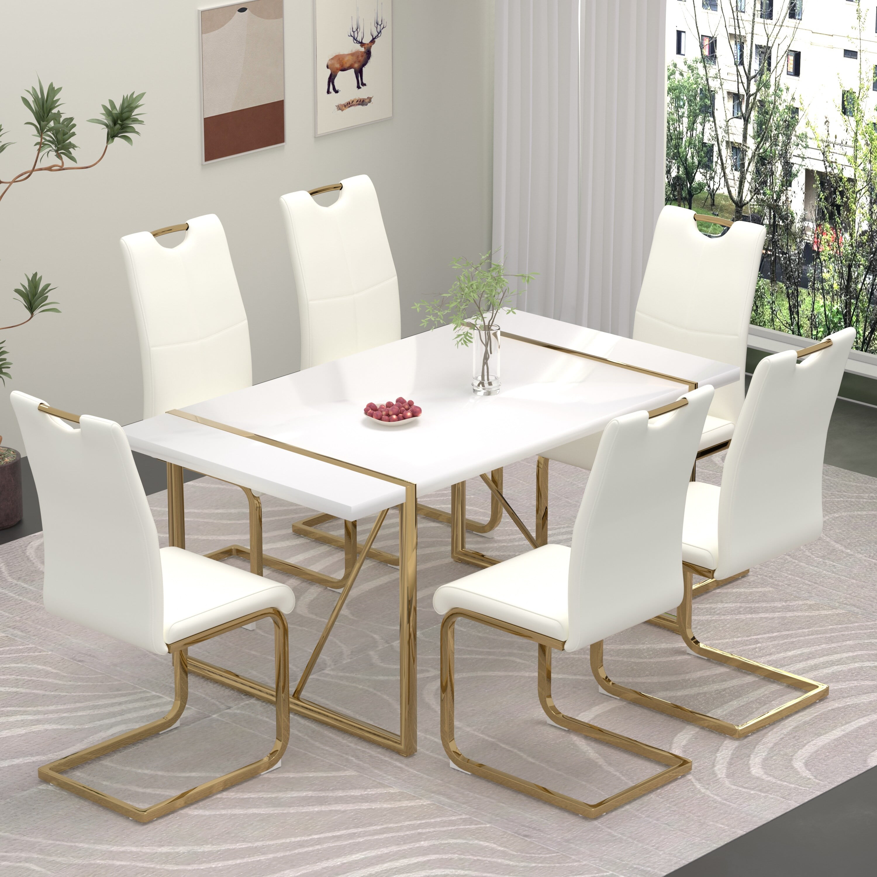 Modern Dining Room Set,71" White Dining Table Sets For 6,1 Table and 6 ...