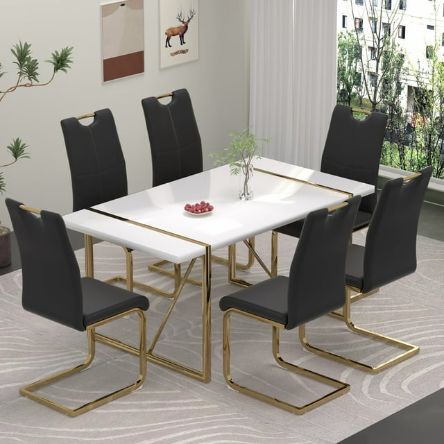 Modern Dining Room Set,71" White Dining Table Sets For 6,1 Table and 6 ...