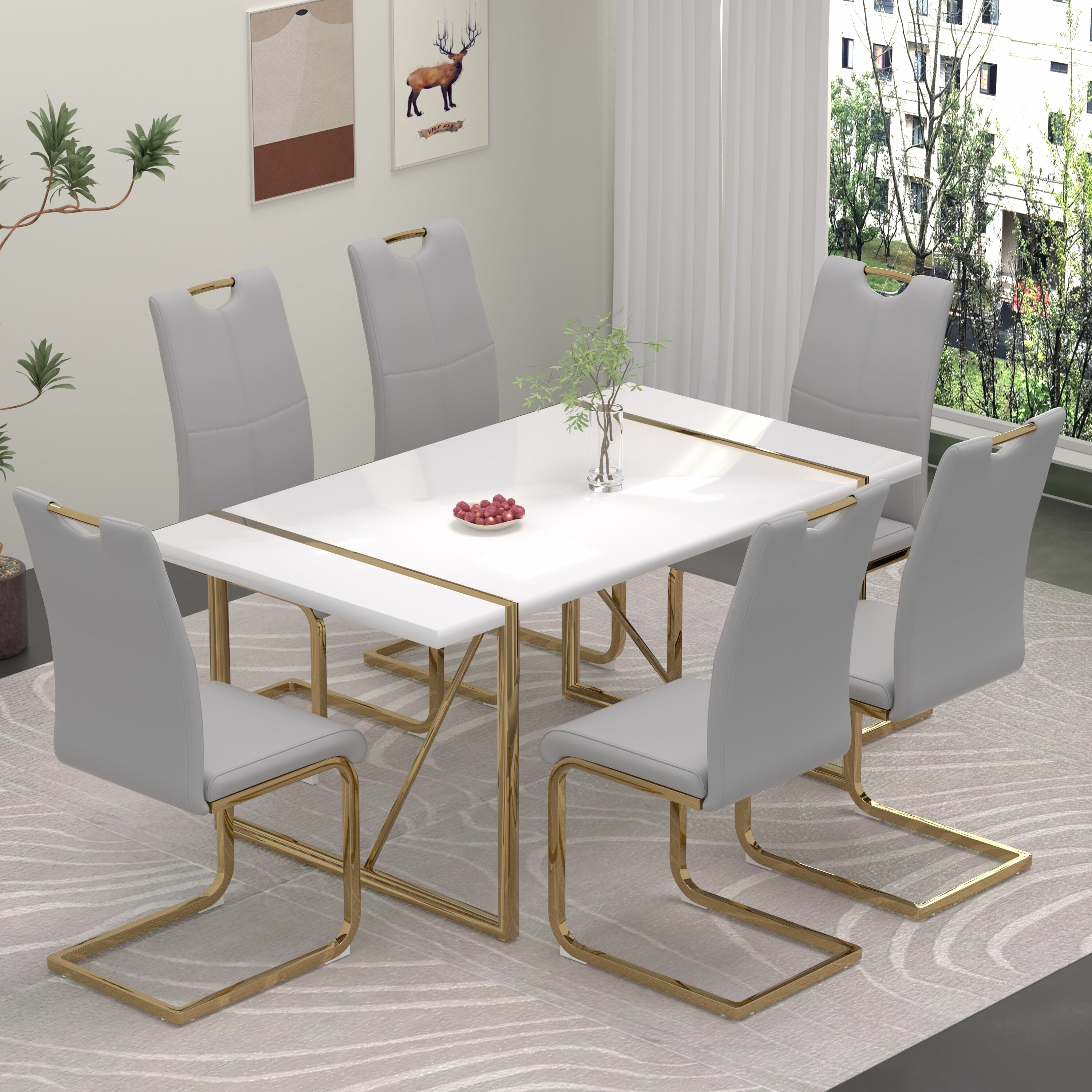 Modern Dining Room Set,71" White Dining Table Sets For 6,1 Table and 6 ...