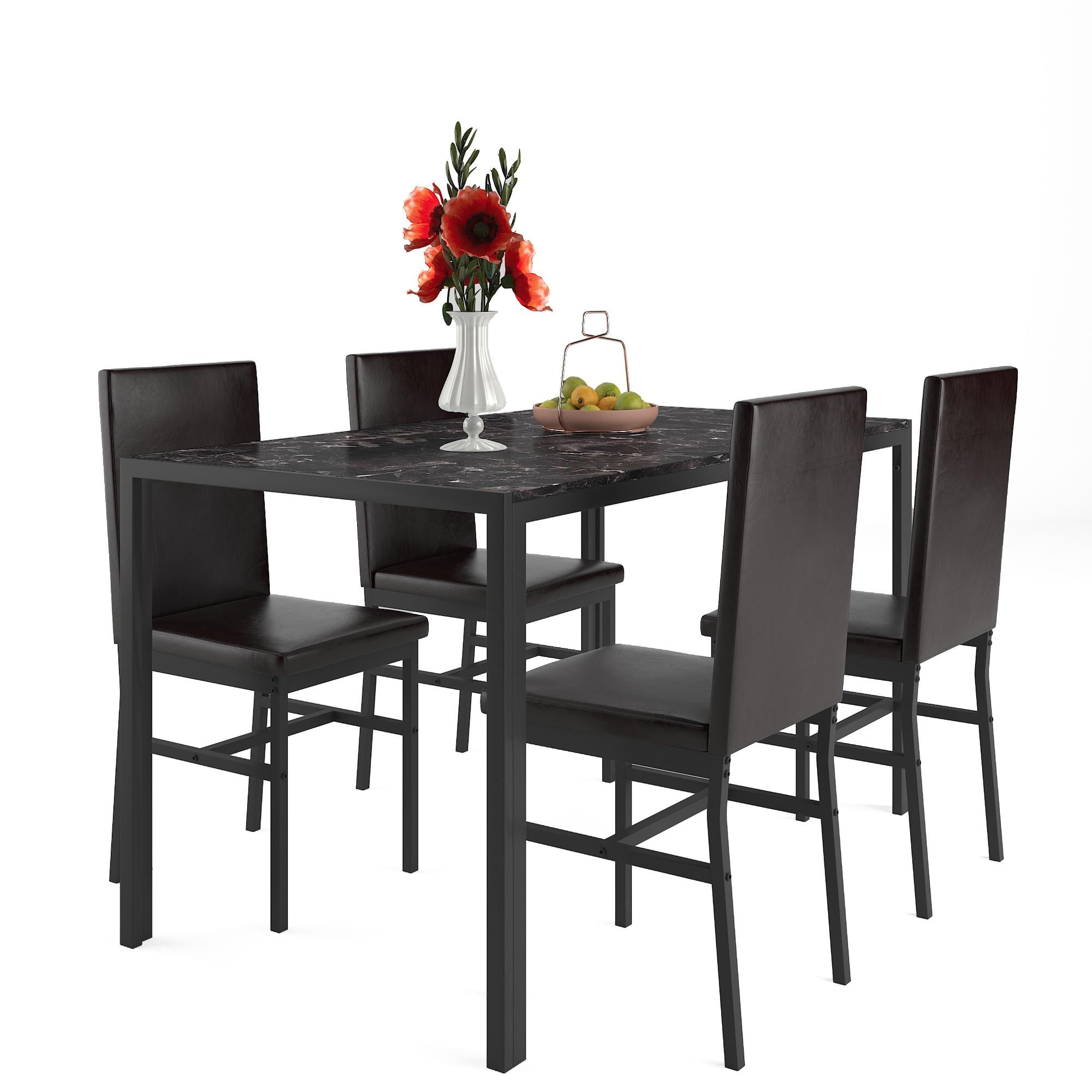 Seizeen 5-Piece Modern Dining Set, Marble Top Table, 4 Leather Chairs, Brown - Walmart.com