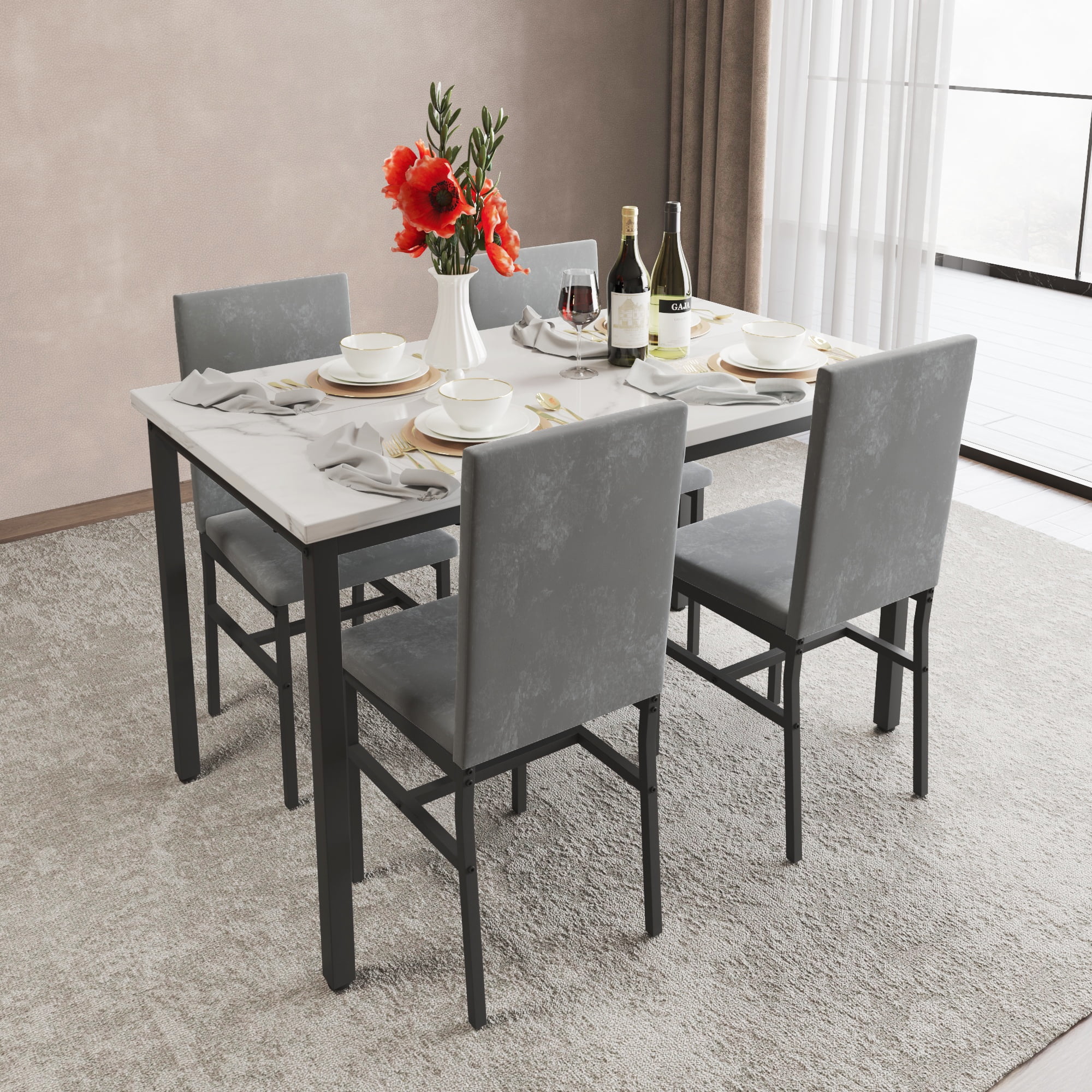 Elegant Modern Dining Set, Contemporary Dinette with 1 Marble Top Table ...