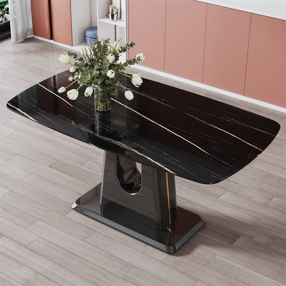 Modern Dining Table, 63" Faux Marble Glass Dining Table with U-shaped ...