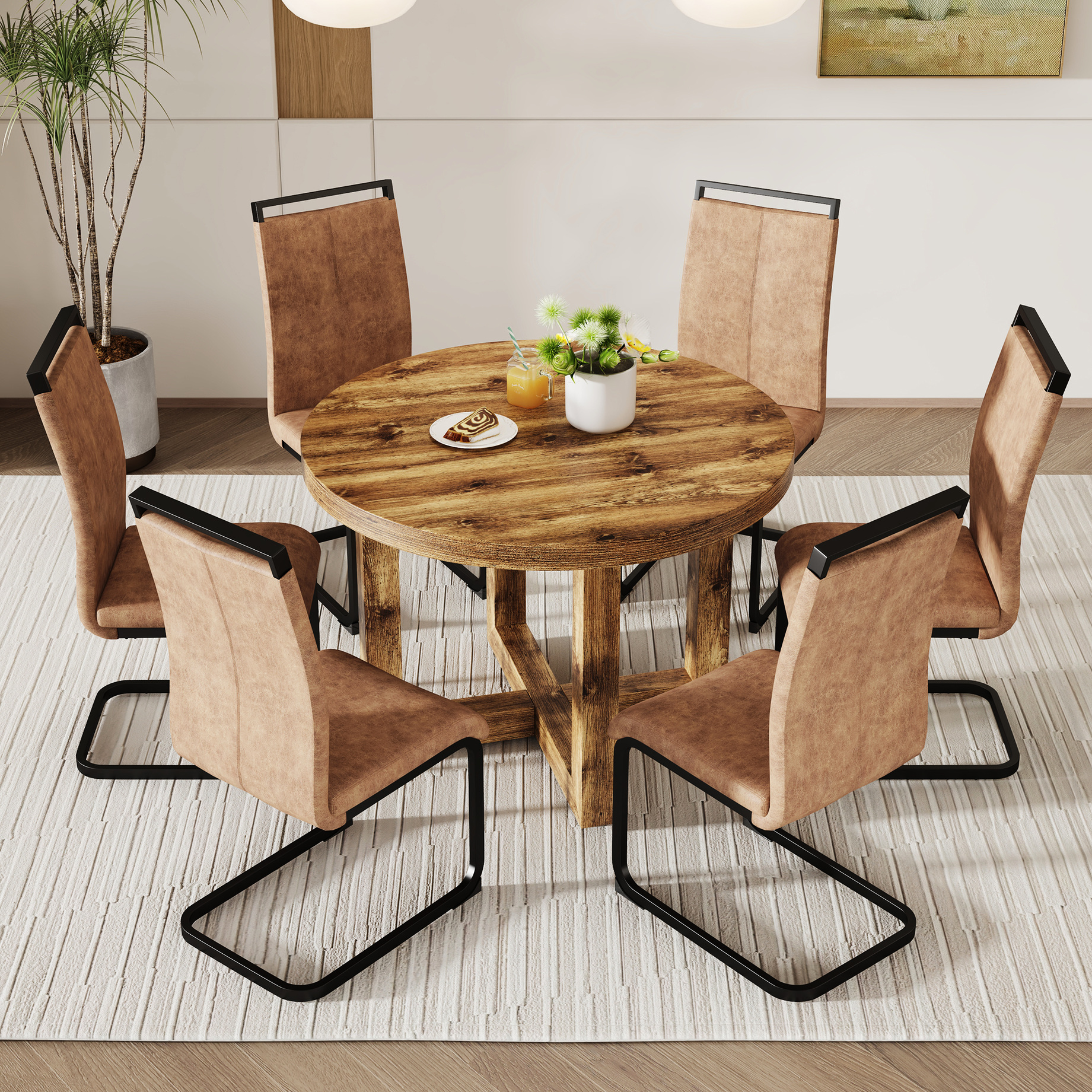 Modern Dining Table And Chair Package, Tabletop With Wooden Legs, 6 ...