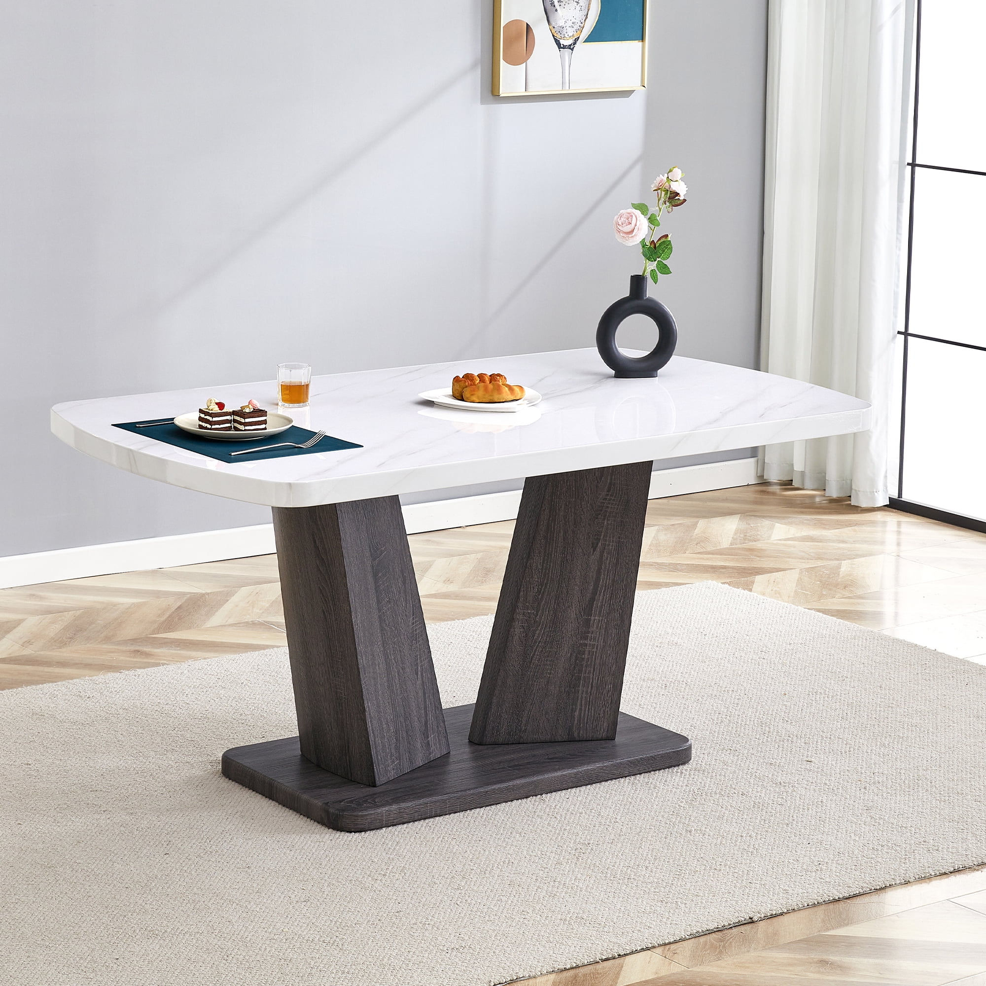 Modern Dining Table, Dining Room Table with 63" Faux Marble Top and V ...