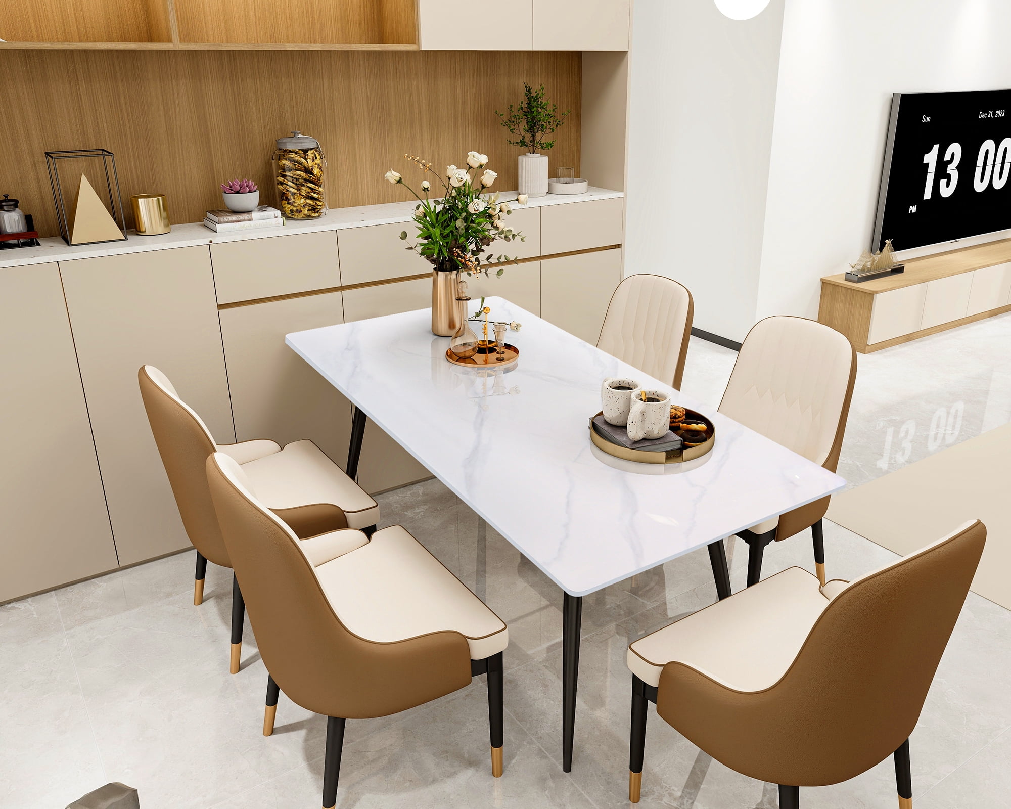 Modern Dining Table, Rectangular 63" Kitchen Table with Marble Sintered ...