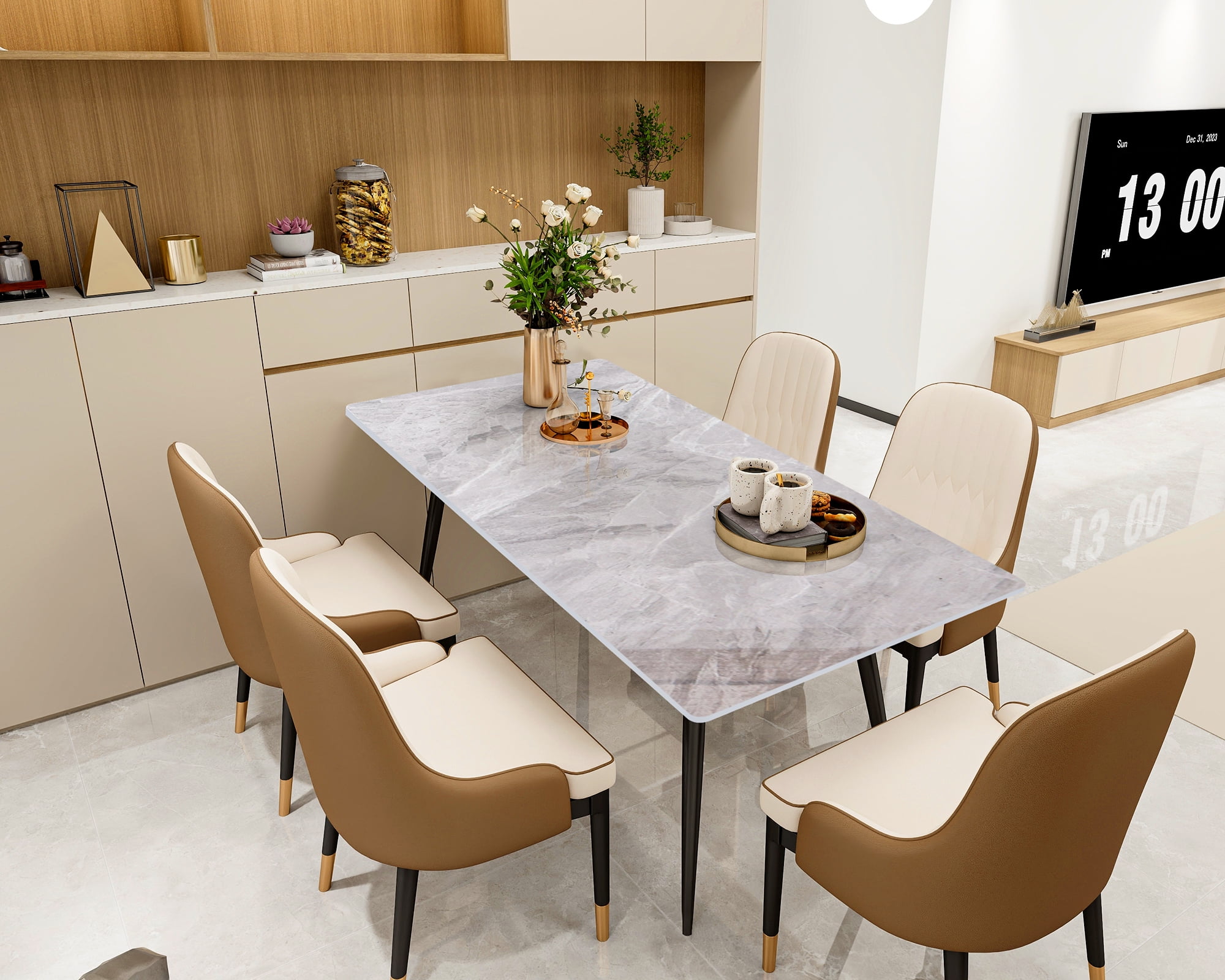 Modern Dining Table, Rectangular 63" Kitchen Table with Marble Sintered ...