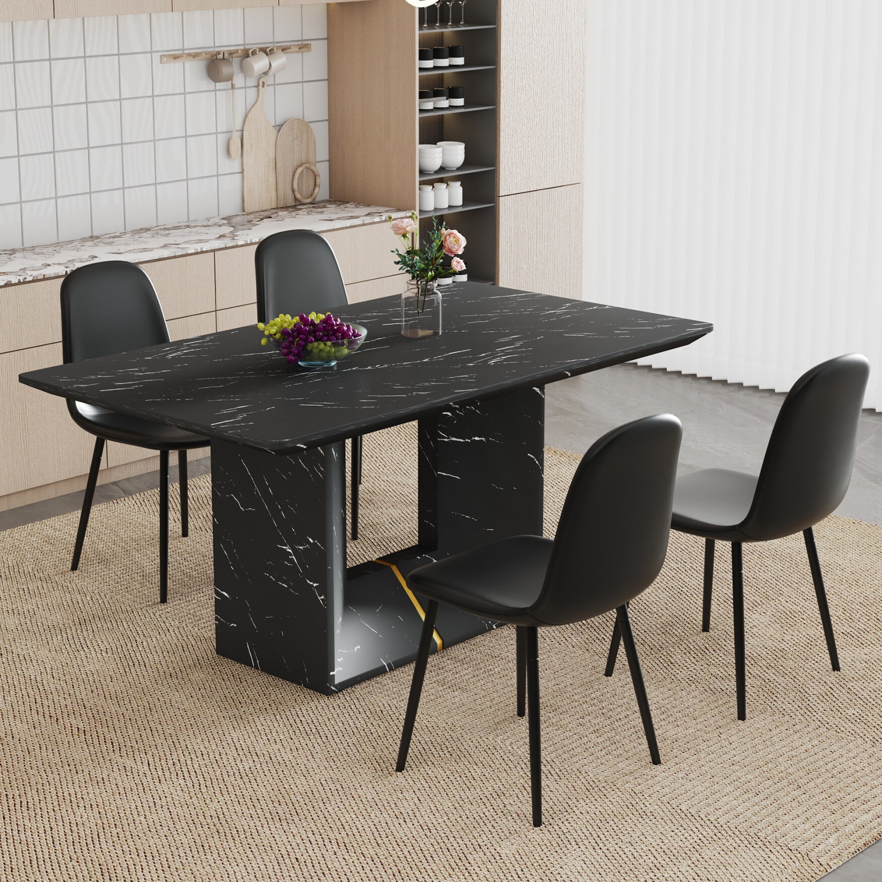 Modern Dining Table Set for 4, Marble Kitchen Table Chair Set with 4 PU ...